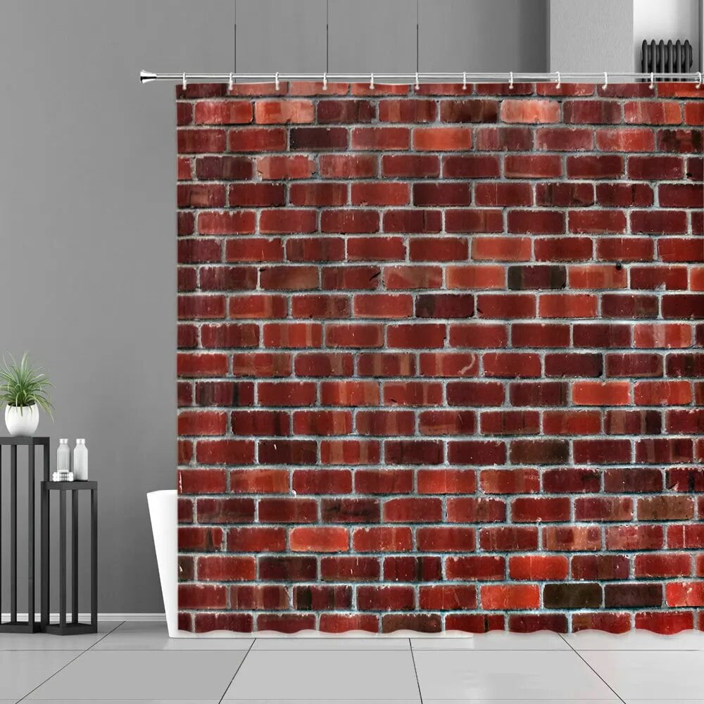 Retro Red Lips Stone Brick Wall Shower Curtains European Garden Flower ...