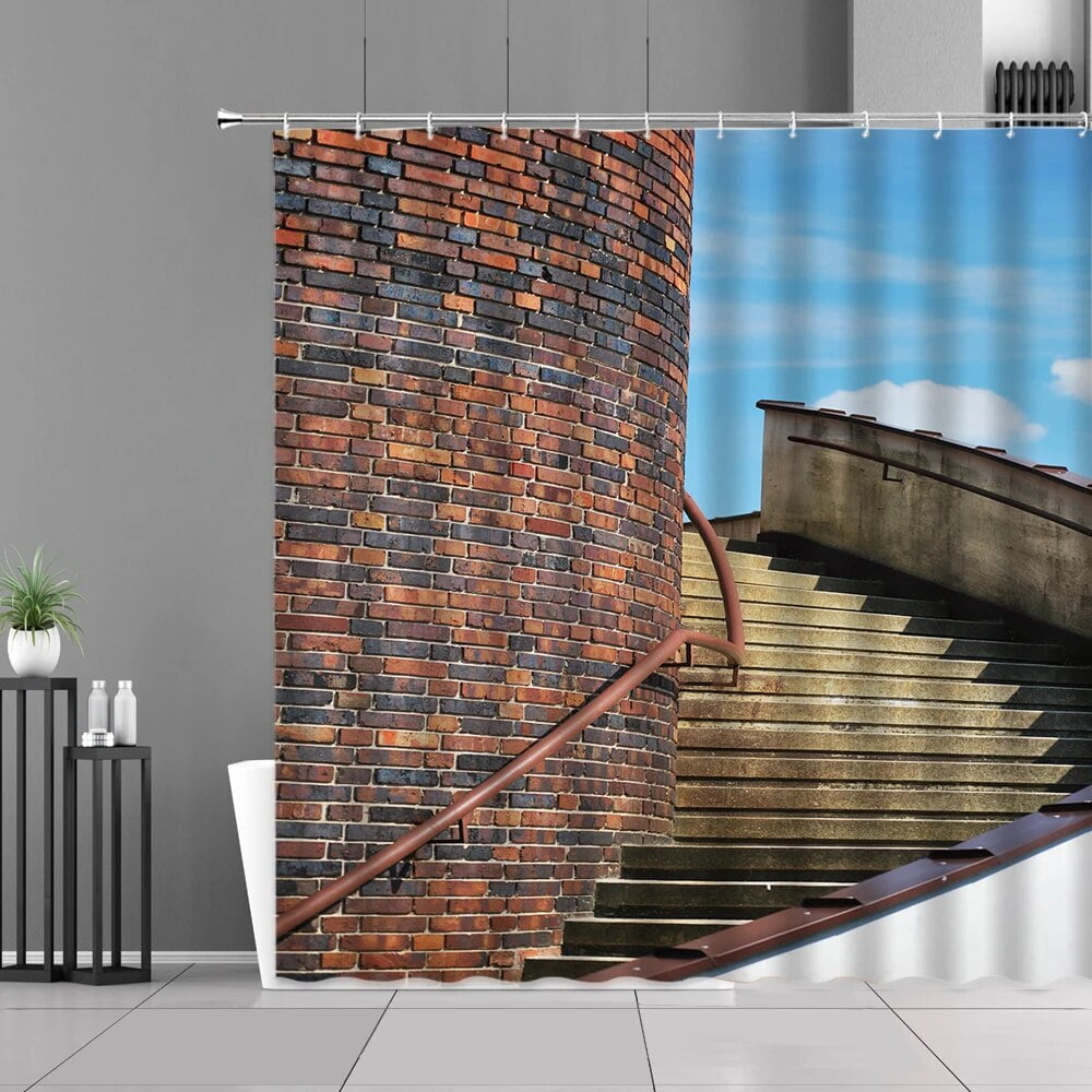 Retro Red Lips Stone Brick Wall Shower Curtains European Garden Flower ...