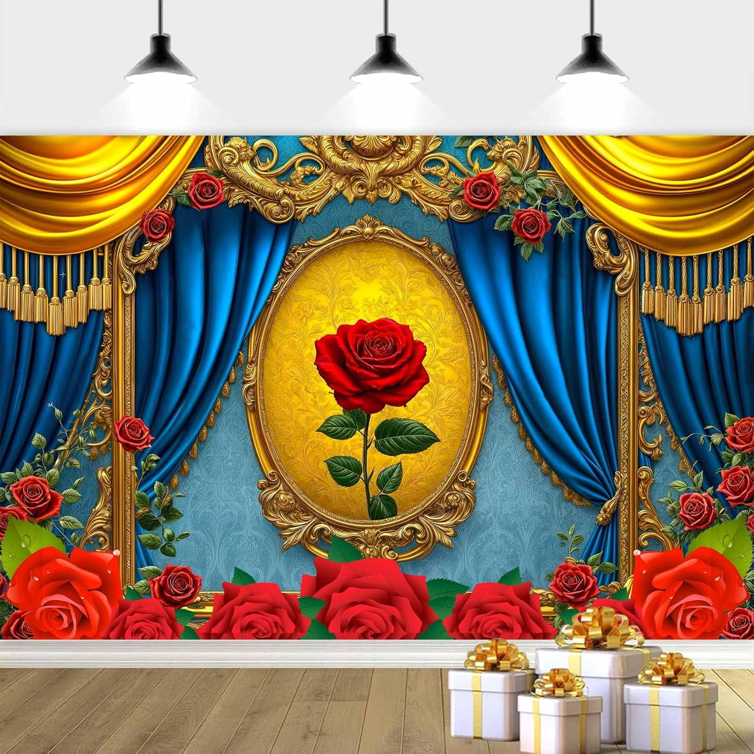 Retro Red Rose Backdrop Medieval Palace Blue Yellow Curtain Decorations ...