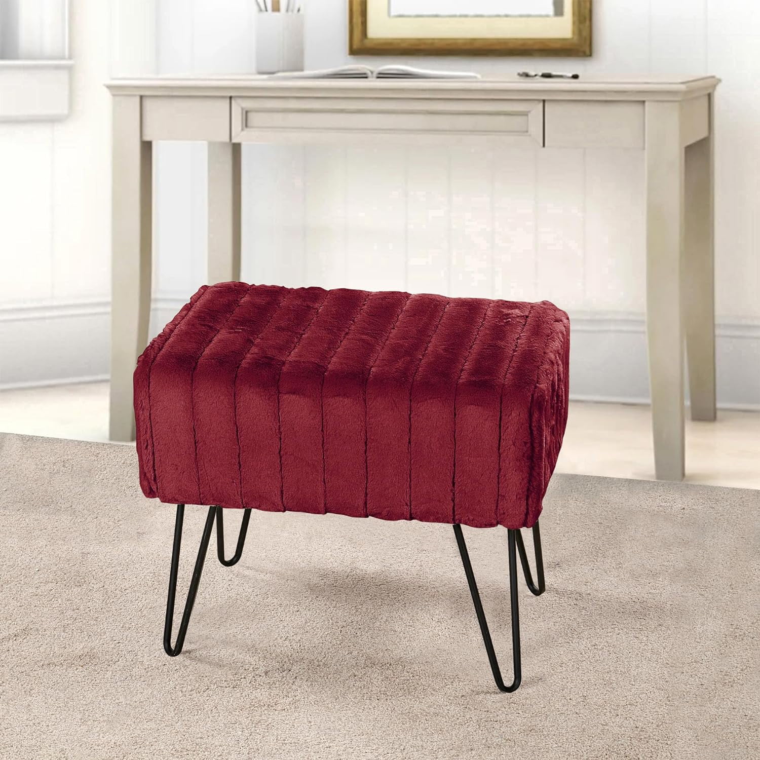 Retro Red Velvet Tufted Ottoman Entryway 19.5"x12.5"x17"H Furry Makeup ...