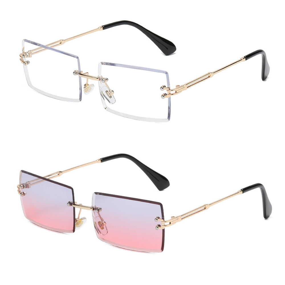 Retro Rimless Rectangle Sunglasses for Women Men Tinted Lens Gold Metal ...