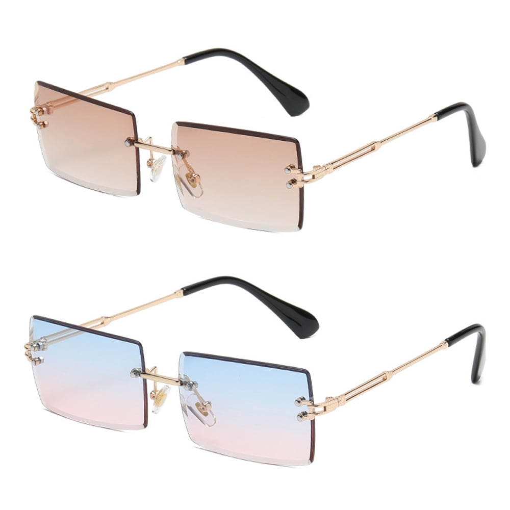 Retro Rimless Rectangle Sunglasses for Women Men Tinted Lens Gold Metal ...