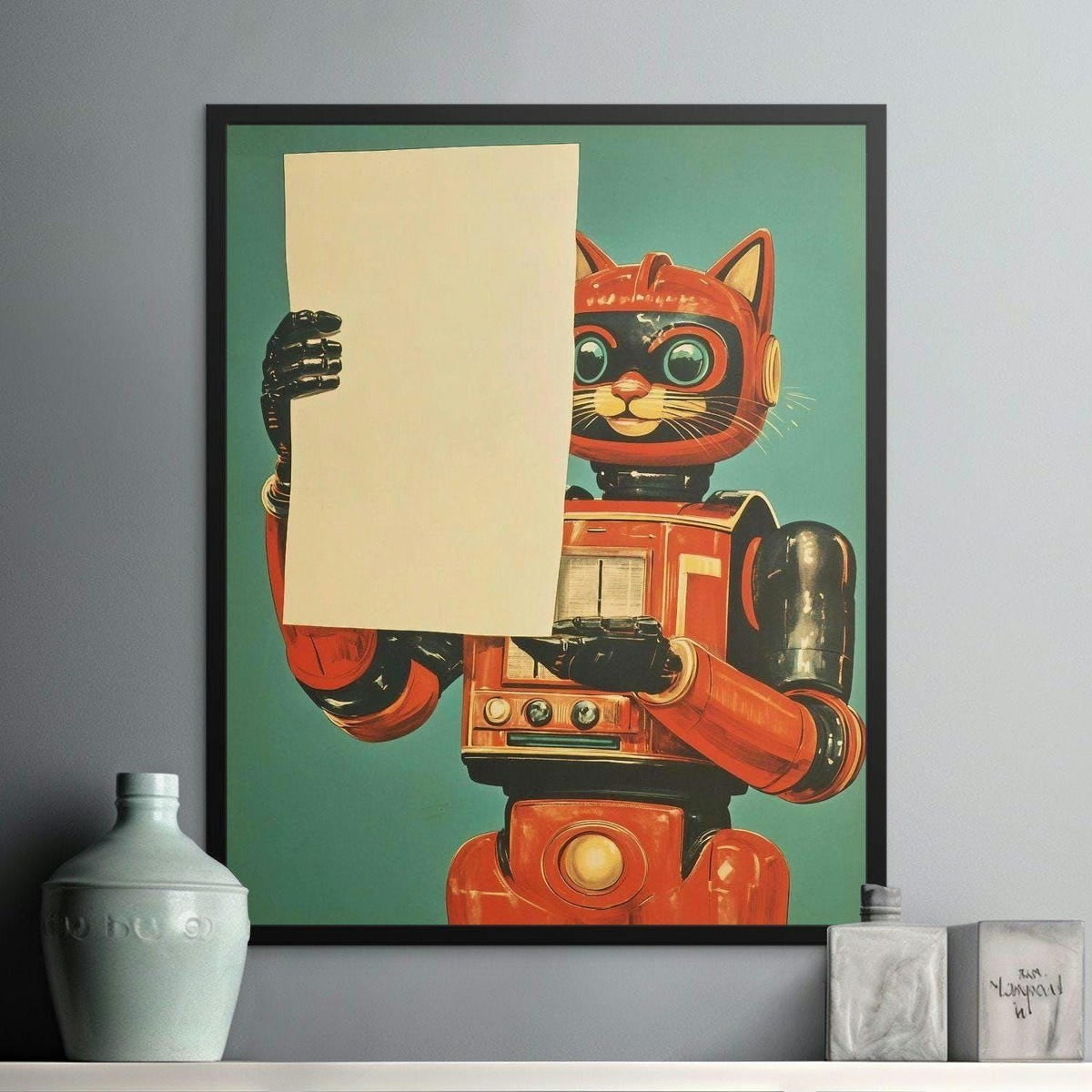 Retro Robot Cat Posters, Sci-Fi Feline Art, Vintage Style Print ...