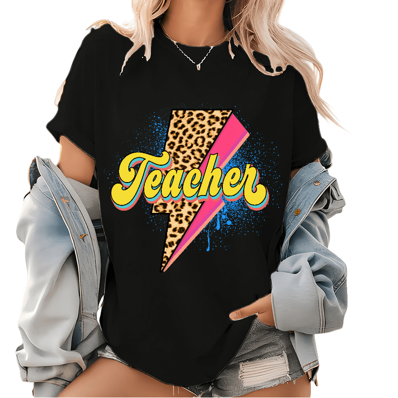 Retro Rock Star Teacher Shirt - Wild Leopard Print Graphic Tee, Vintage Inspired Cotton Tops for ...