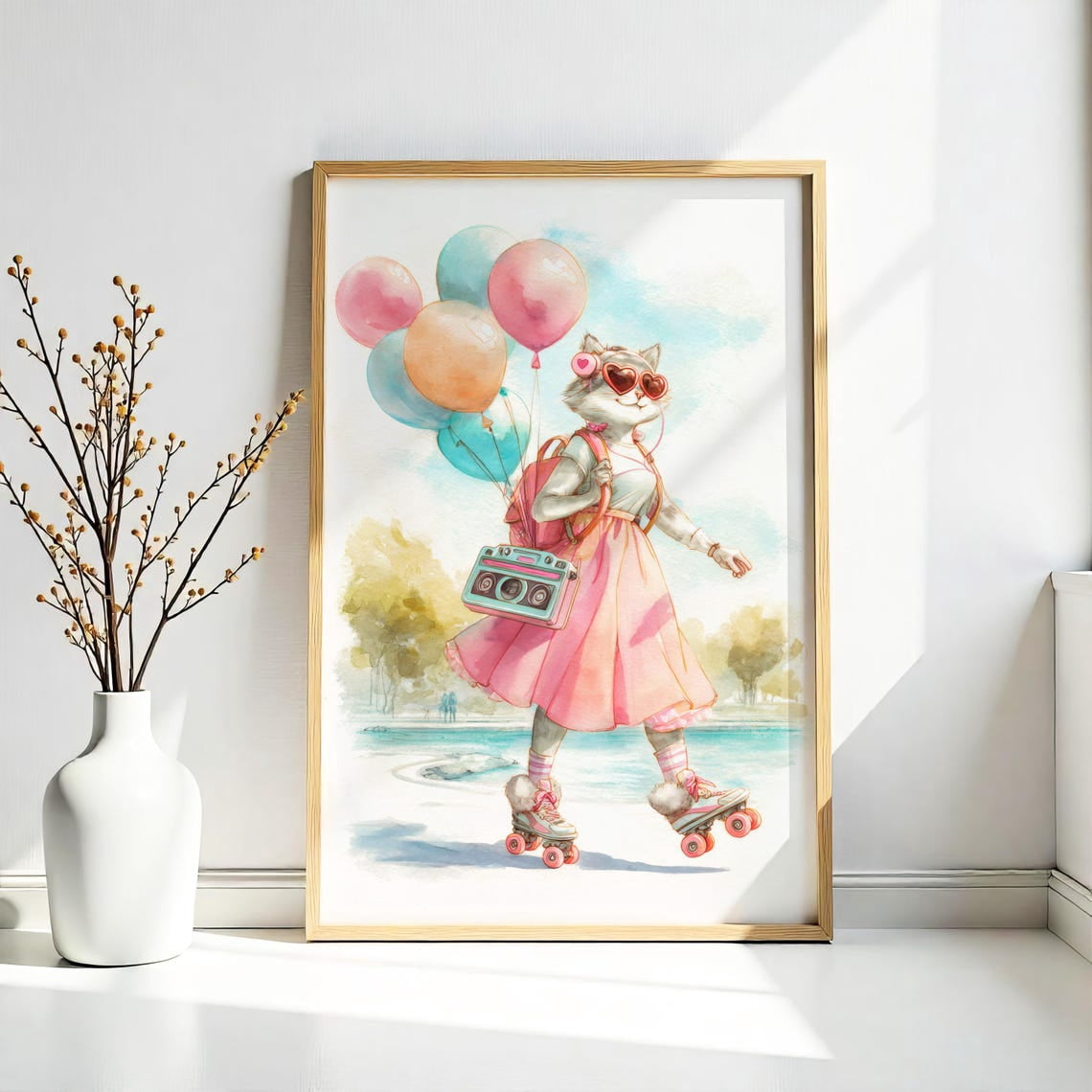 Retro Roller Skating Cat Poster, 80S Pastel Nursery Art 2069 UNFRAMED ...