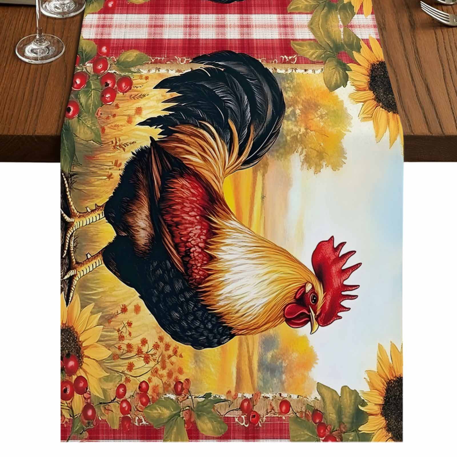 Retro Rooster 108 Inch Table Runner, Yellow Sunflower Red Plaid ...