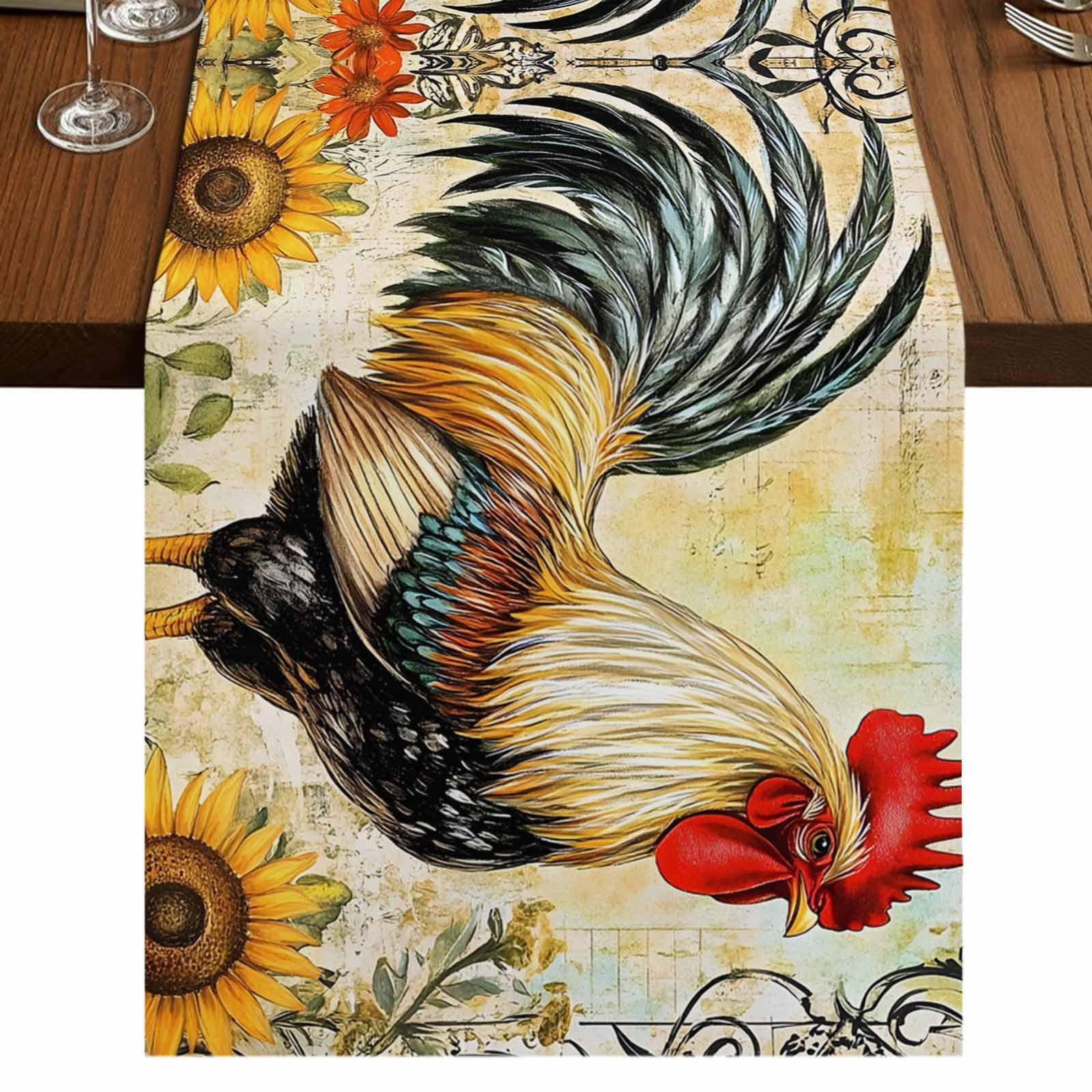 Retro Rooster 120 Inch Table Runner, Sunflower Watercolor Farmhouse ...