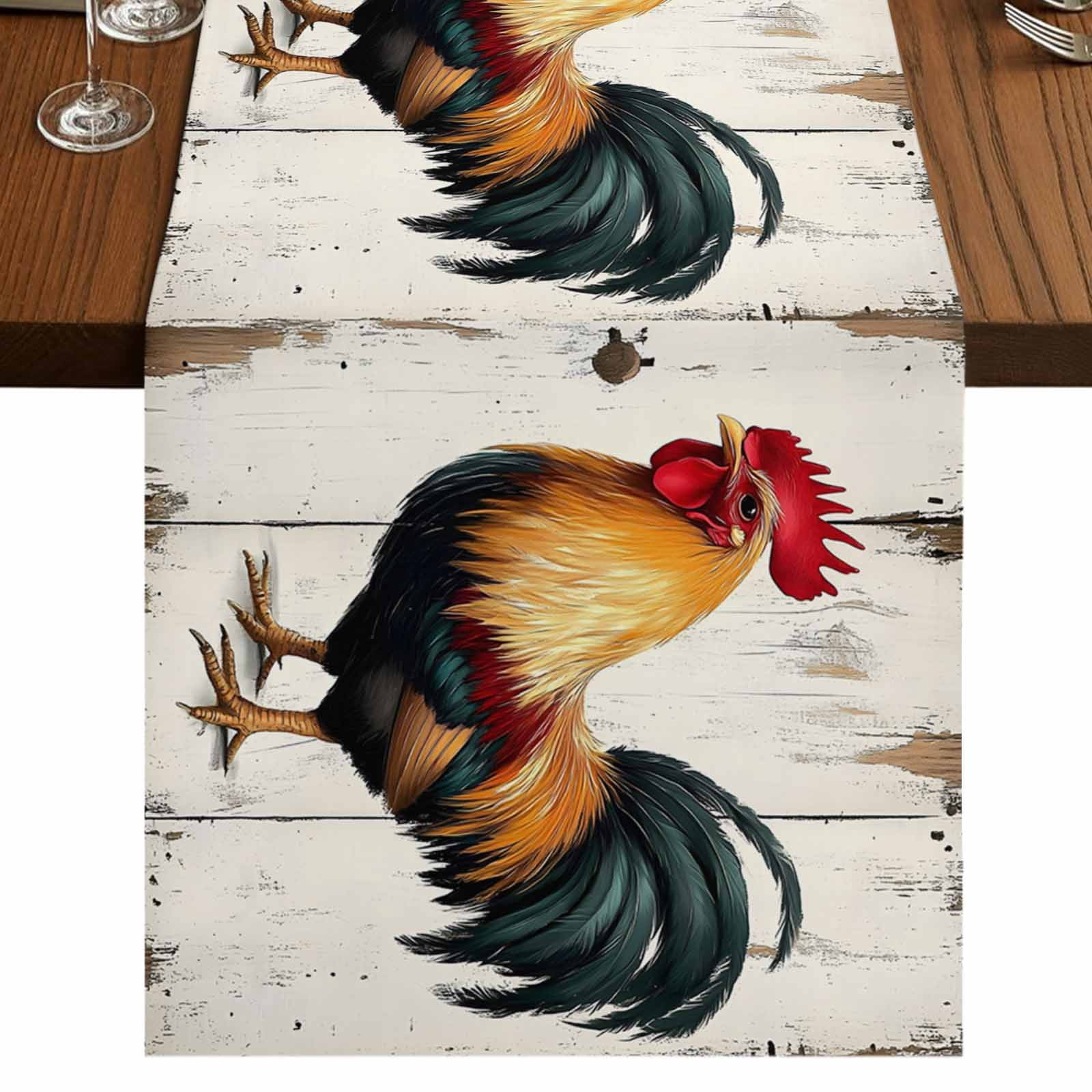 Retro Rooster 120 Inch Table Runner, Watercolor Animals Farmhouse ...