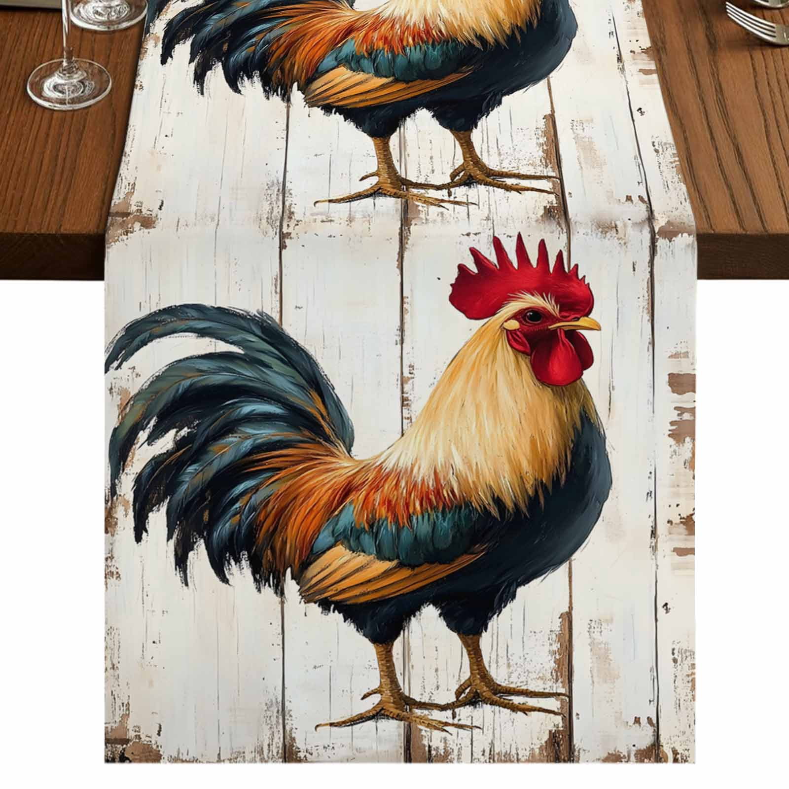 Retro Rooster 120 Inch Table Runner, Watercolor Vintage Rooster Art ...