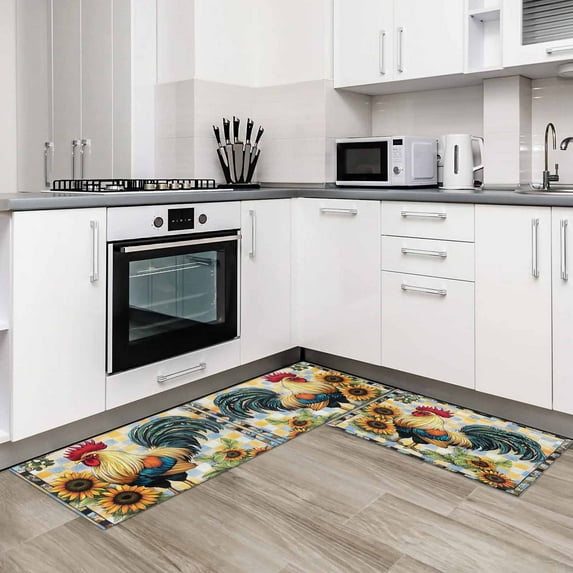 Retro Rooster 2 Pieces Non-Slip Kitchen Mat Set Yellow Sunflower ...