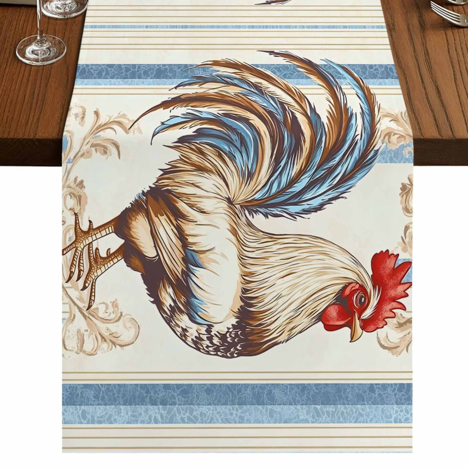 Retro Rooster 36 Inch Table Runner, Farmhouse Striped Watercolor ...