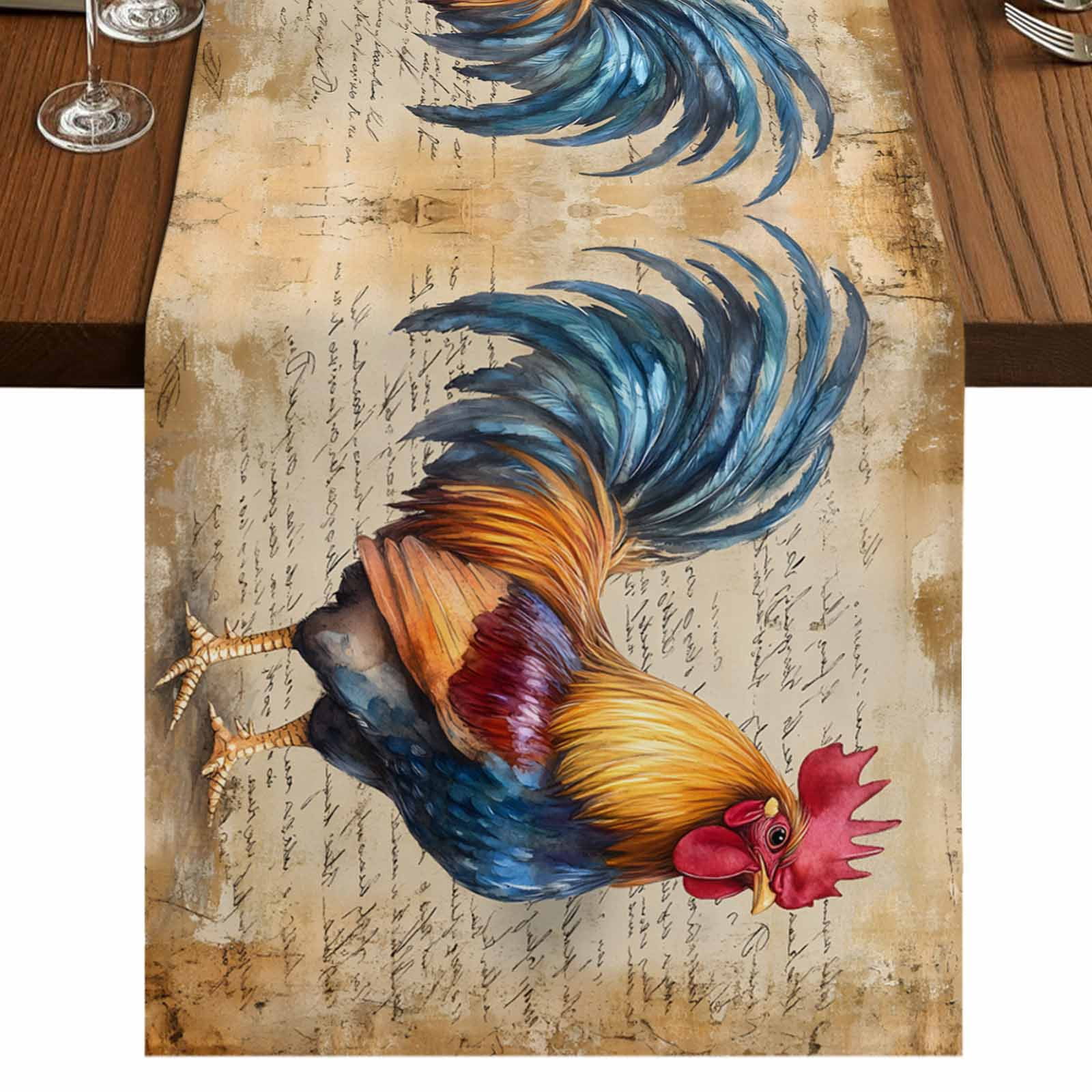 Retro Rooster 60 Inch Table Runner, Farmhouse Vintage Country Animals ...