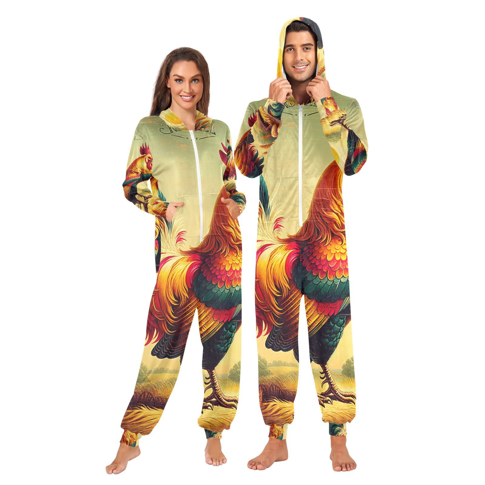 Retro Rooster Adult Onesie Pajamas Slim Fit Christmas One Piece Suit ...