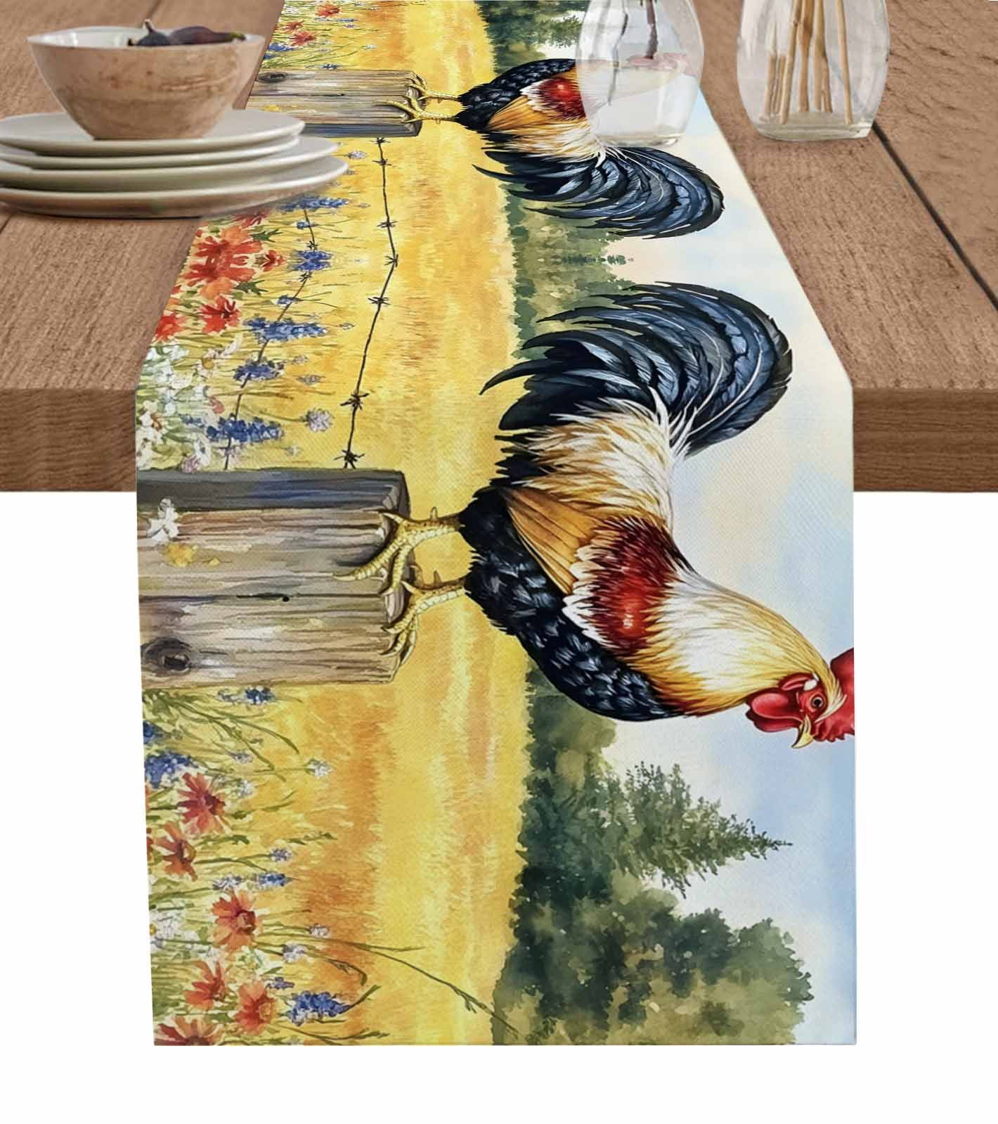 Retro Rooster Burlap Cotton Table Runner 13x48 Inches Long, Spring ...