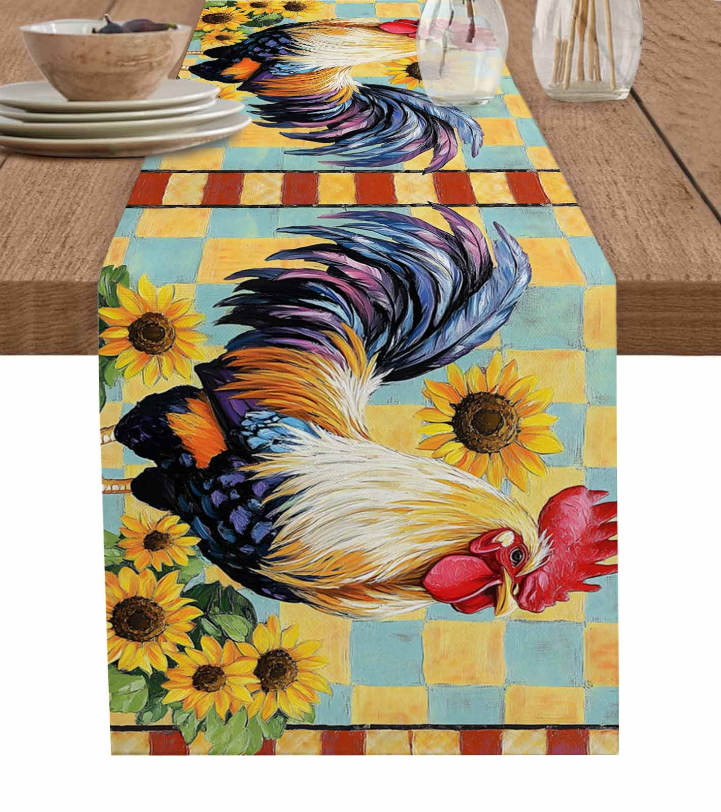 Retro Rooster Burlap Cotton Table Runner 13x90 Inches Long, Sunflower ...