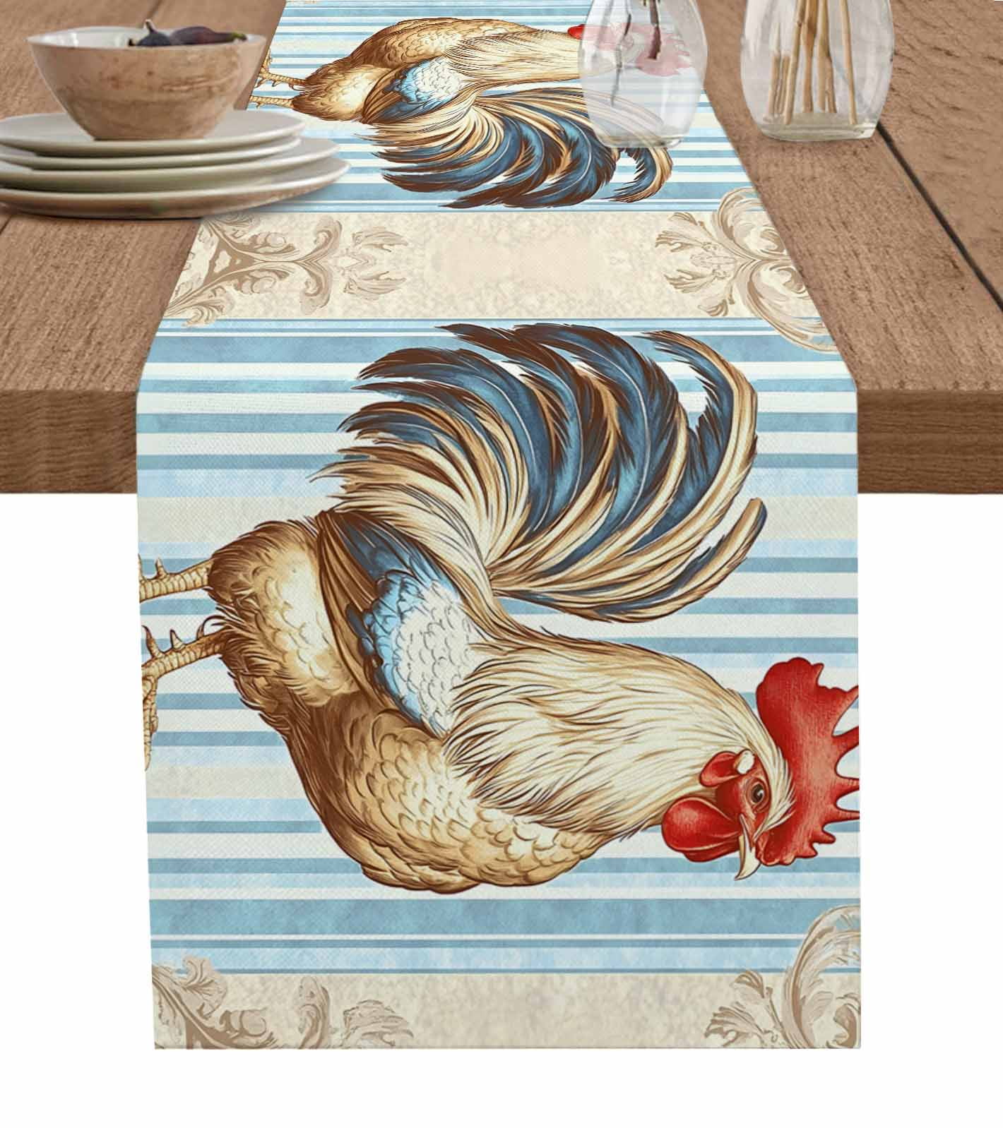 Retro Rooster Burlap Cotton Table Runner 14x72 Inches Long, Blue White Striped Farmhouse ...
