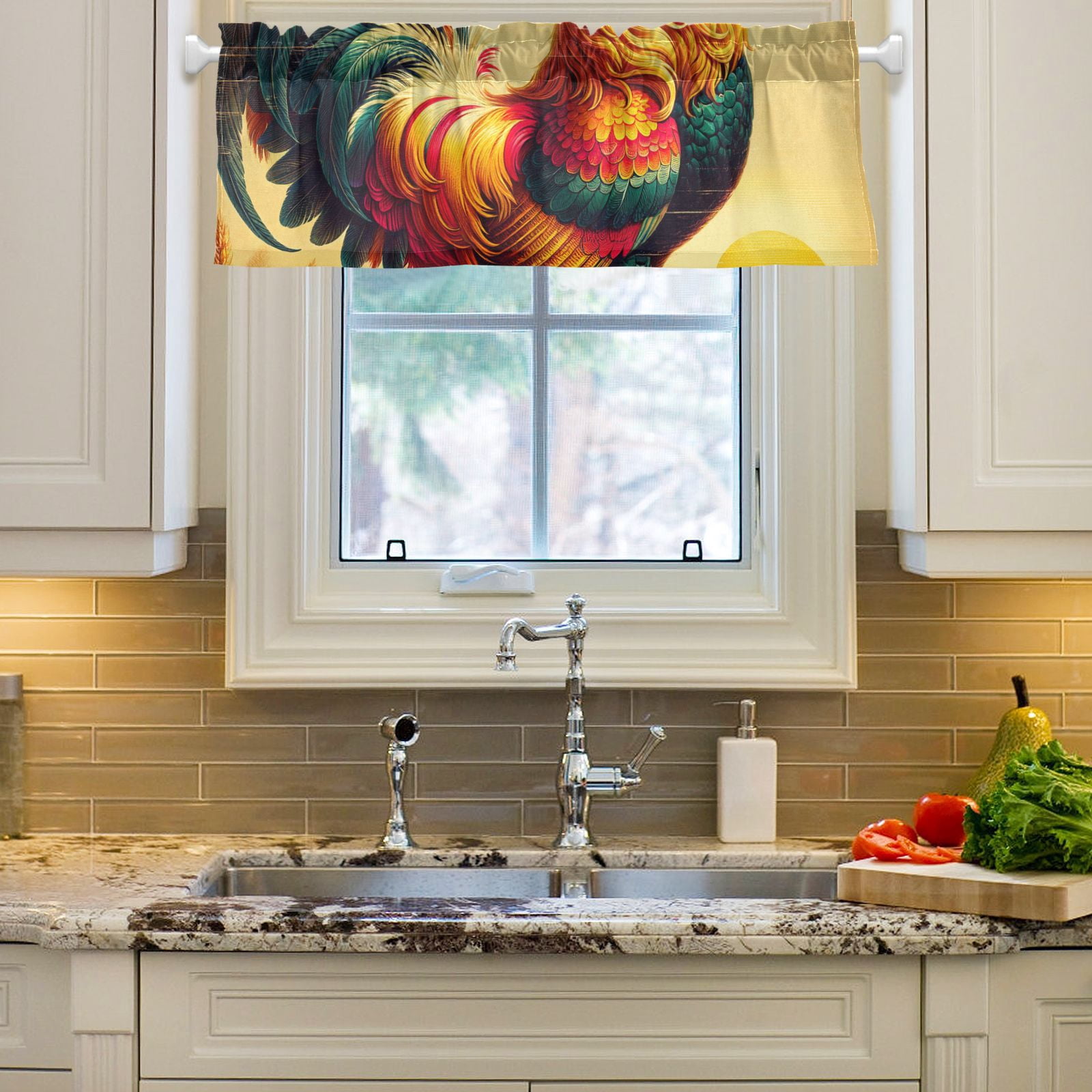 Retro Rooster Curtain Valances Farmhouse Design Window Treatment Decor ...