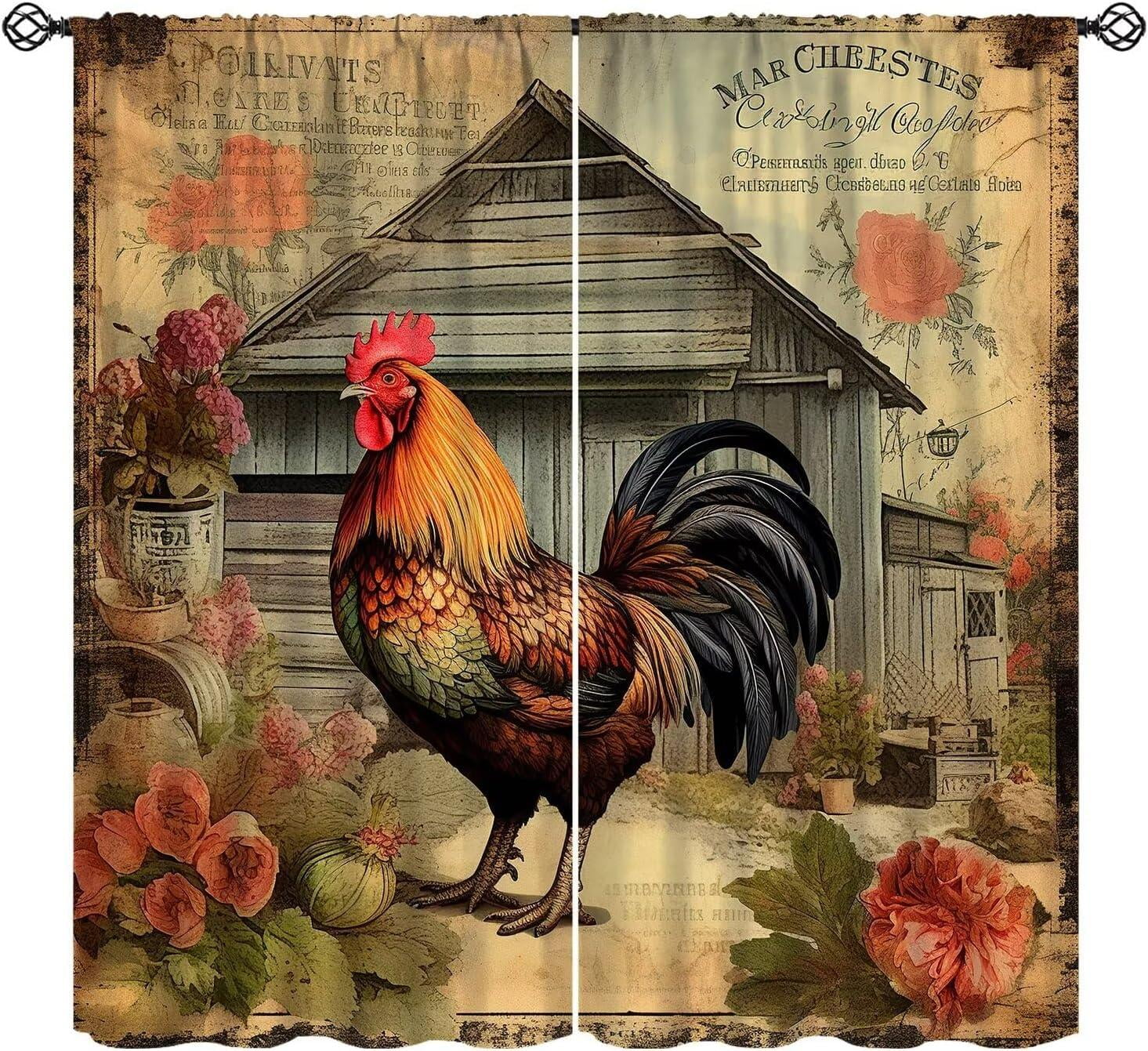 Retro Rooster Kitchen Curtain Vintage American Western Farm Barn ...