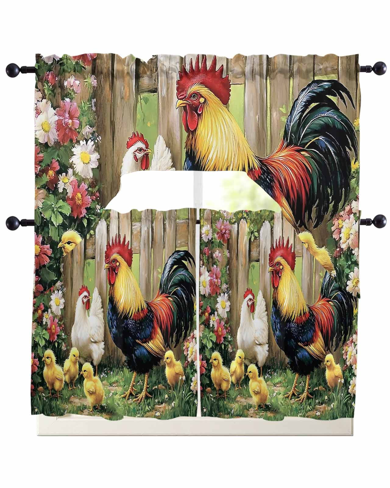 Retro Rooster Kitchen Curtains Sets 24 Inch Length with Valance ...