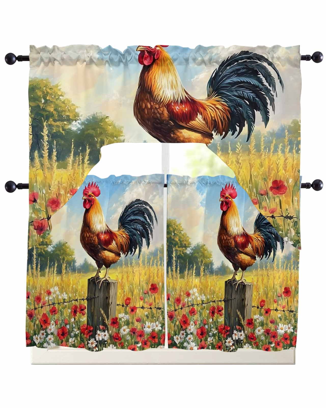 Retro Rooster Kitchen Curtains Sets 24 Inch Length with Valance, Spring ...