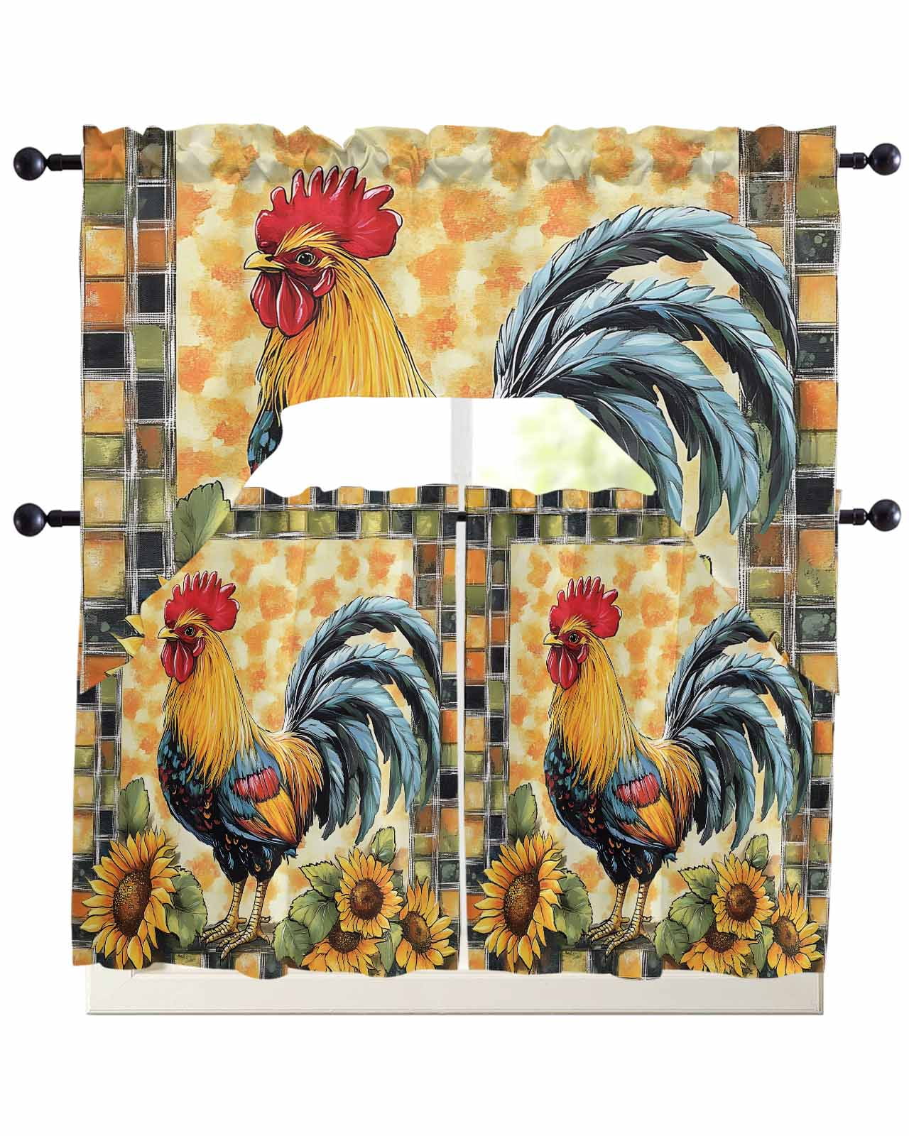 Retro Rooster Kitchen Curtains Sets 24 Inch Length with Valance ...