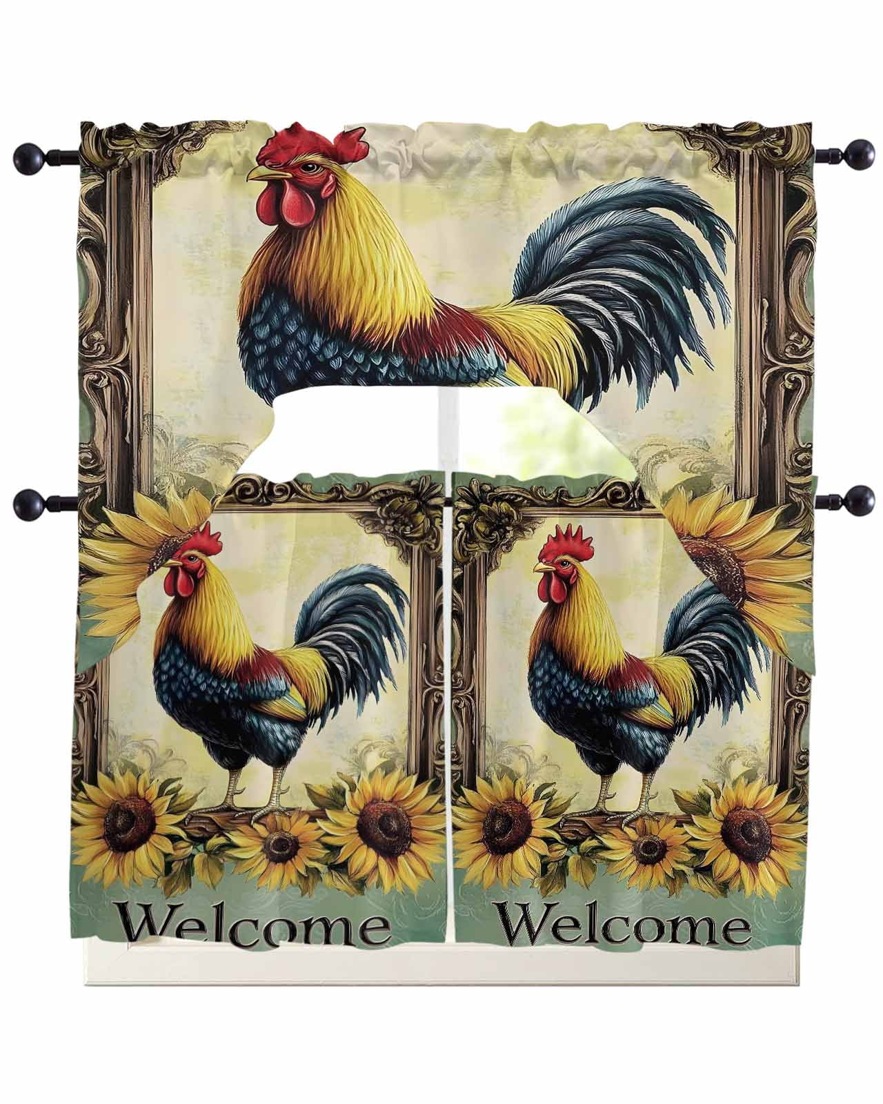 Retro Rooster Kitchen Curtains Sets 24 Inch Length with Valance ...