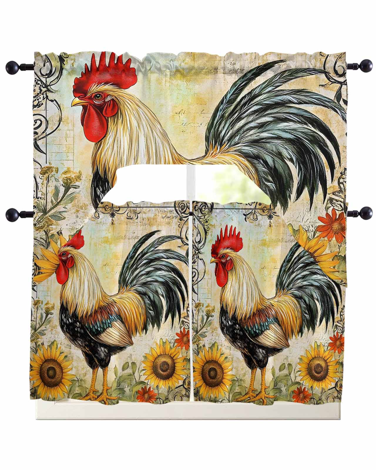 Retro Rooster Kitchen Curtains Sets 24 Inch Length with Valance ...