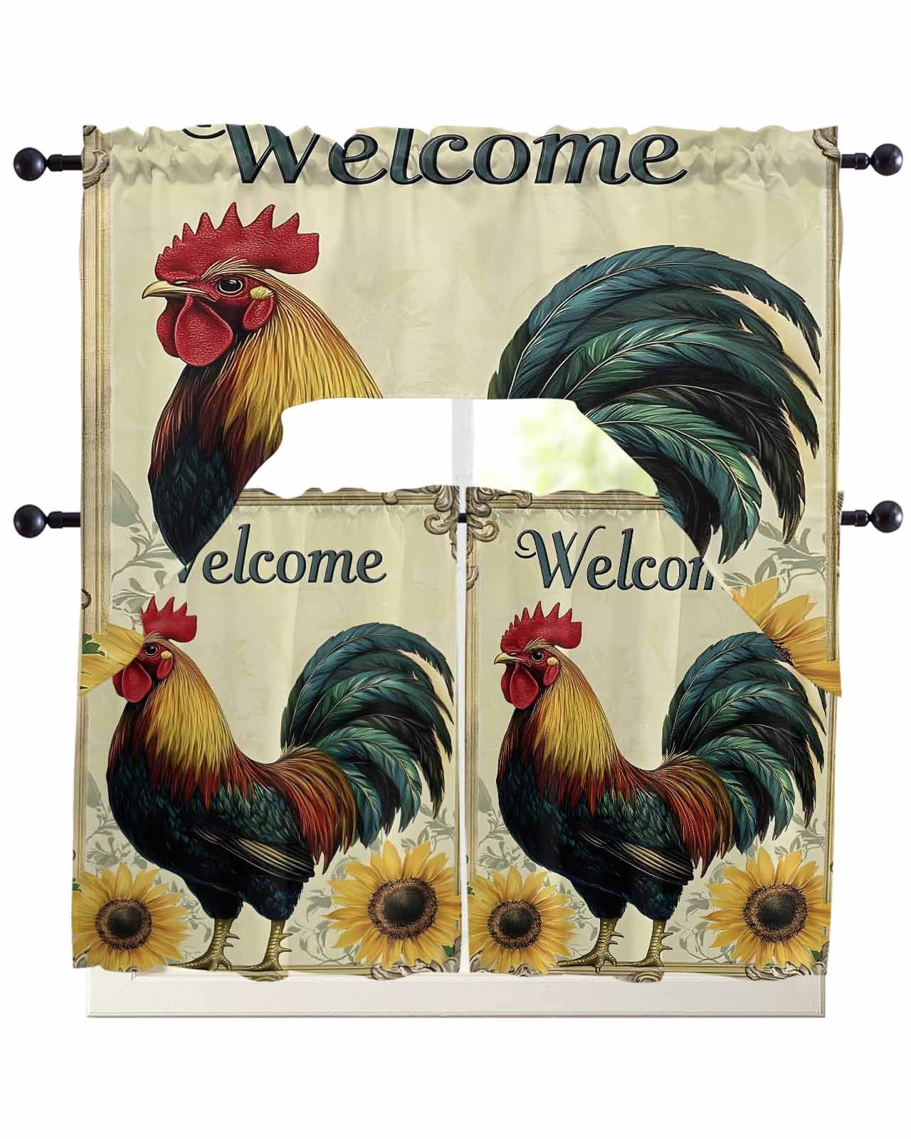 Retro Rooster Kitchen Curtains Sets 24 Inch Length with Valance ...