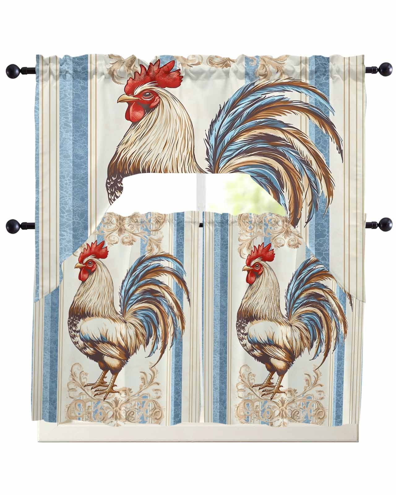 Retro Rooster Kitchen Curtains Sets 36 Inch Length with Valance ...