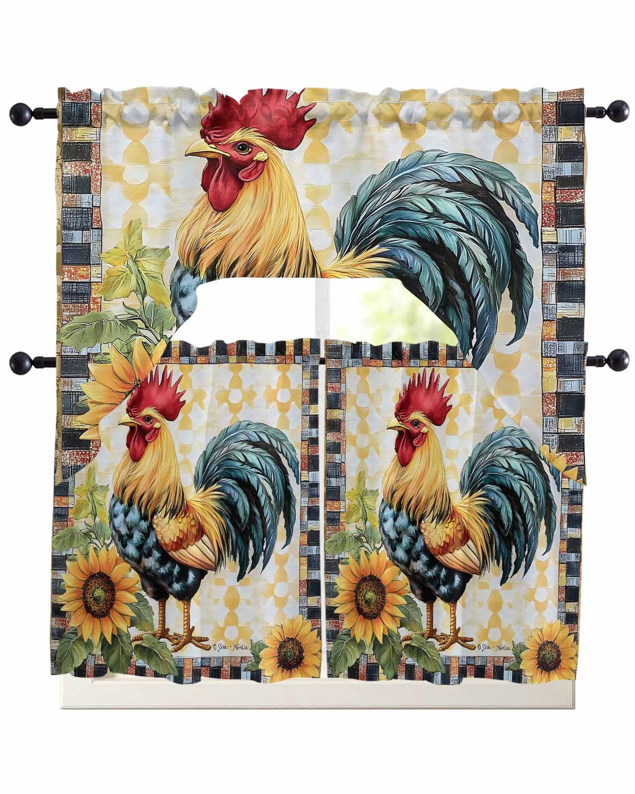 Retro Rooster Kitchen Curtains Sets 36 Inch Length with Valance ...