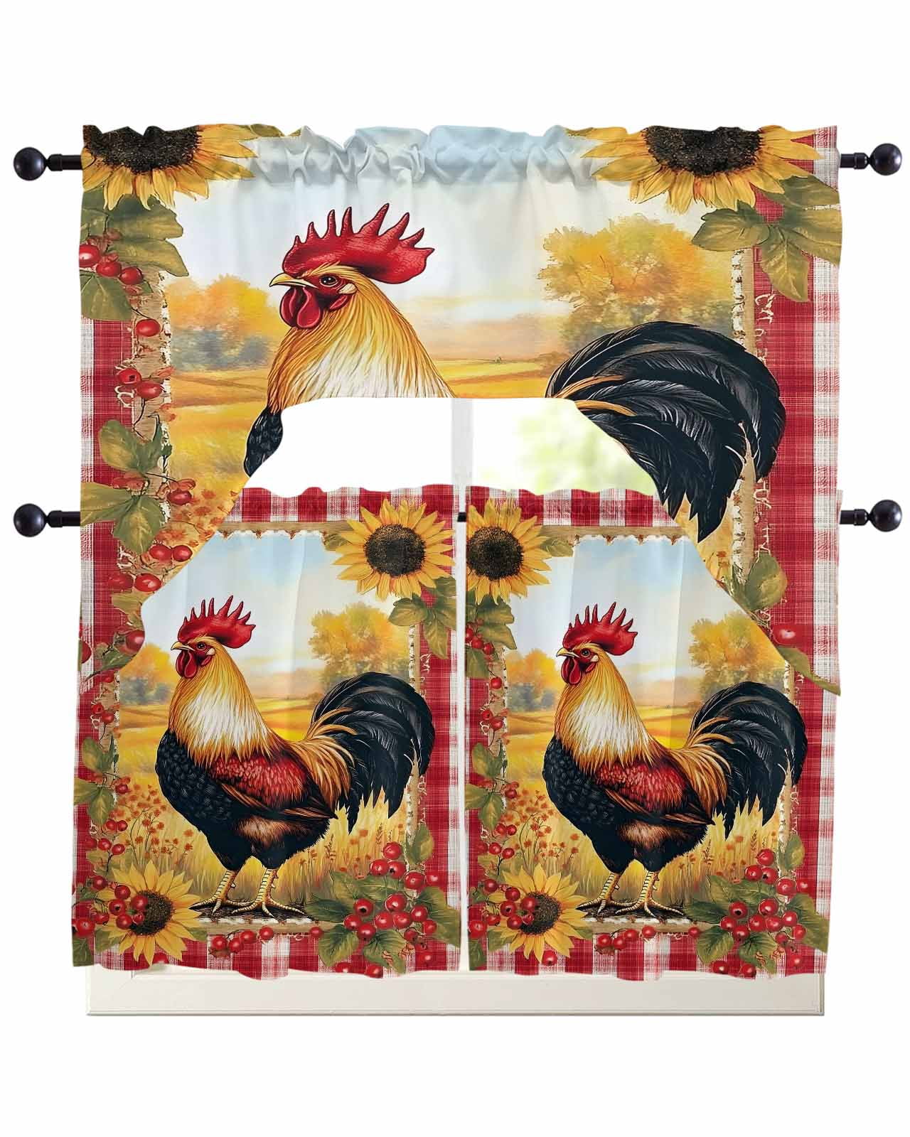 Retro Rooster Kitchen Curtains Sets 36 Inch Length with Valance, Yellow ...