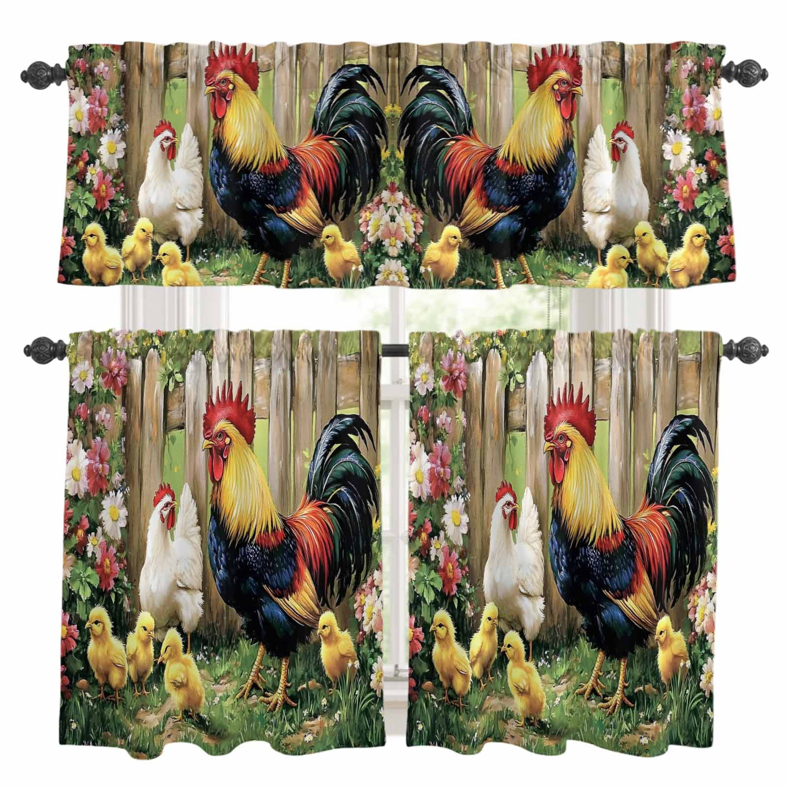 Retro Rooster Kitchen Curtains Sets for Windows 36 Inch Length ...