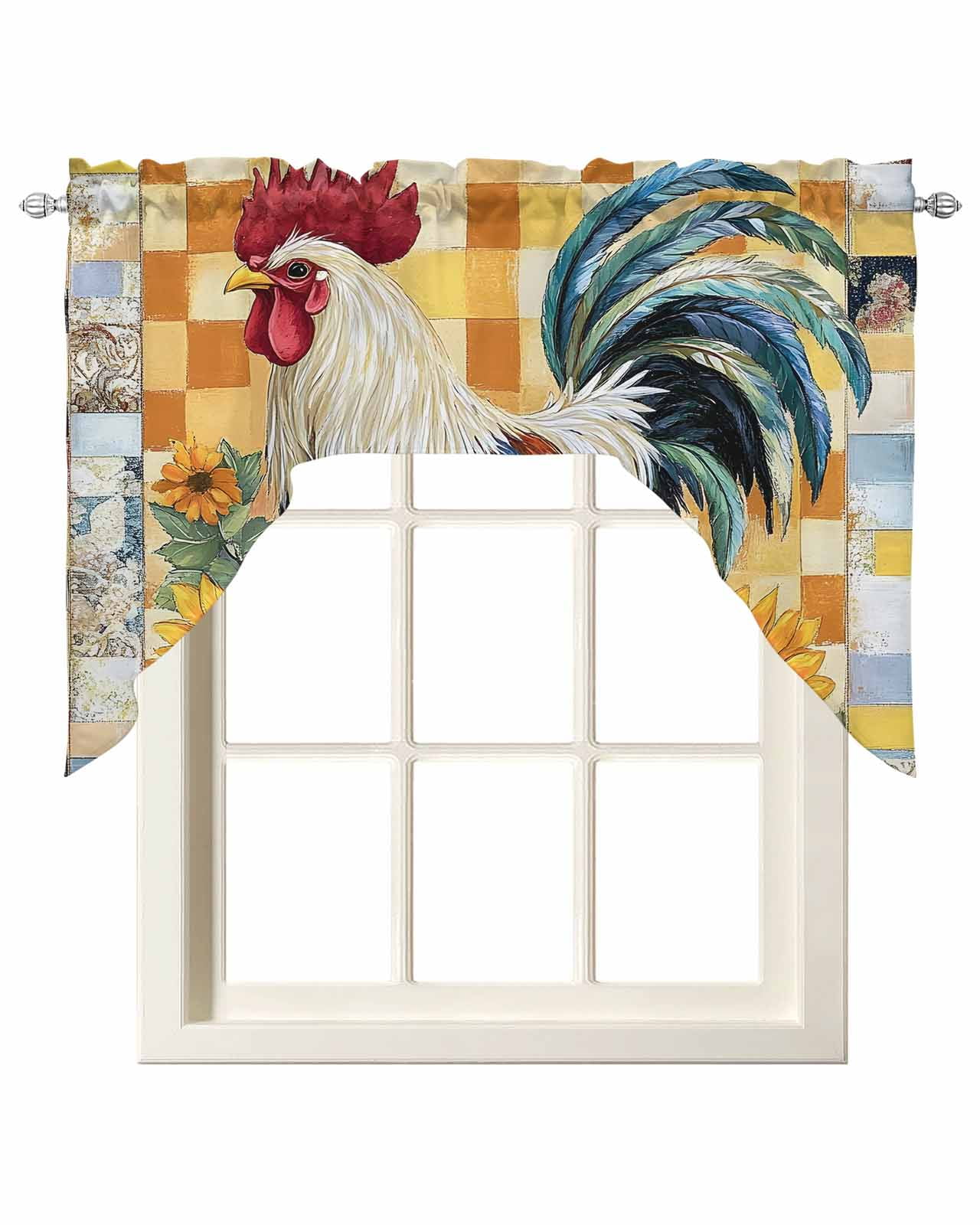 Retro Rooster Kitchen Swag Valances for Windows, Farmhouse Sunflower ...