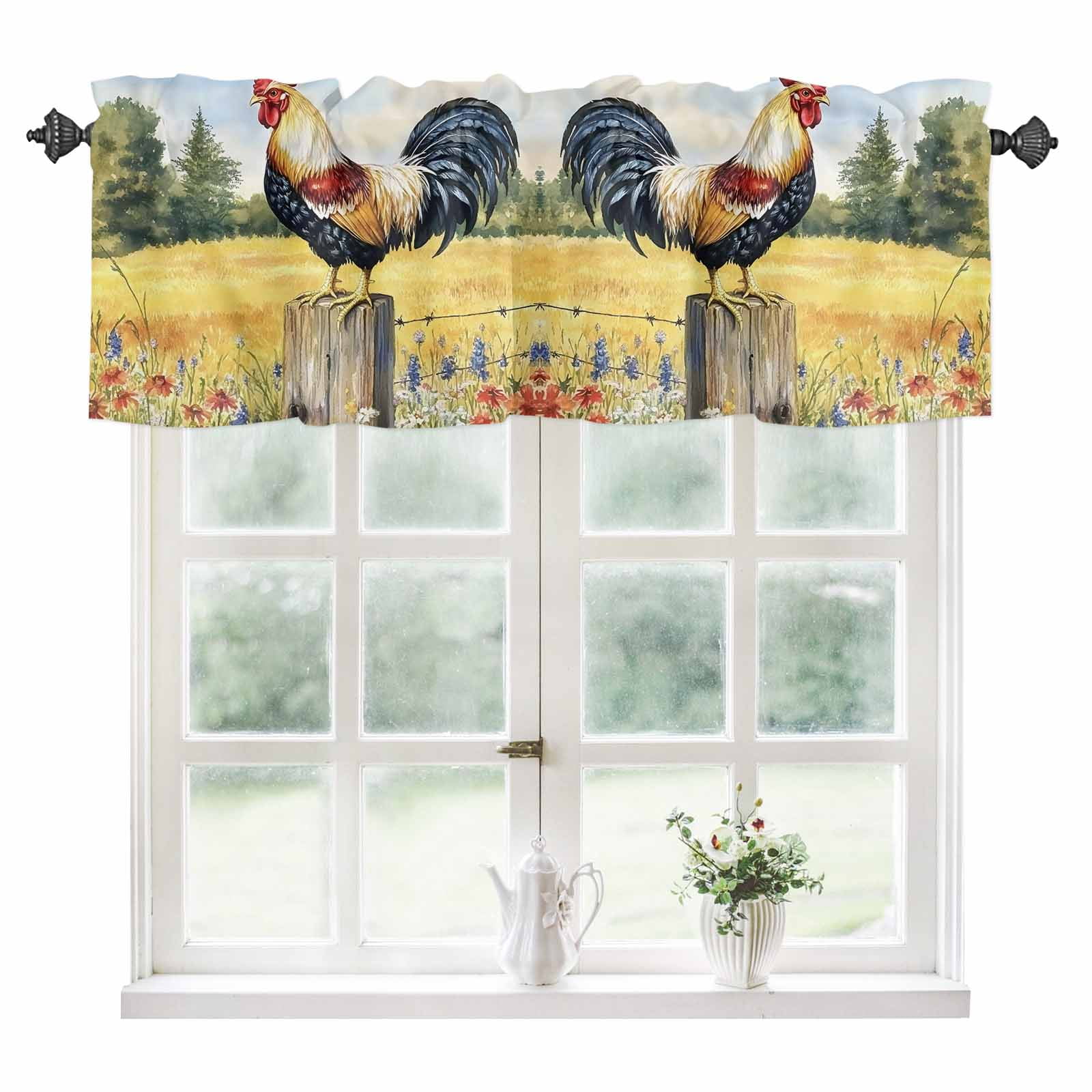 Retro Rooster Kitchen Valances for Windows 42x12 Inch Kitchen Curtains ...