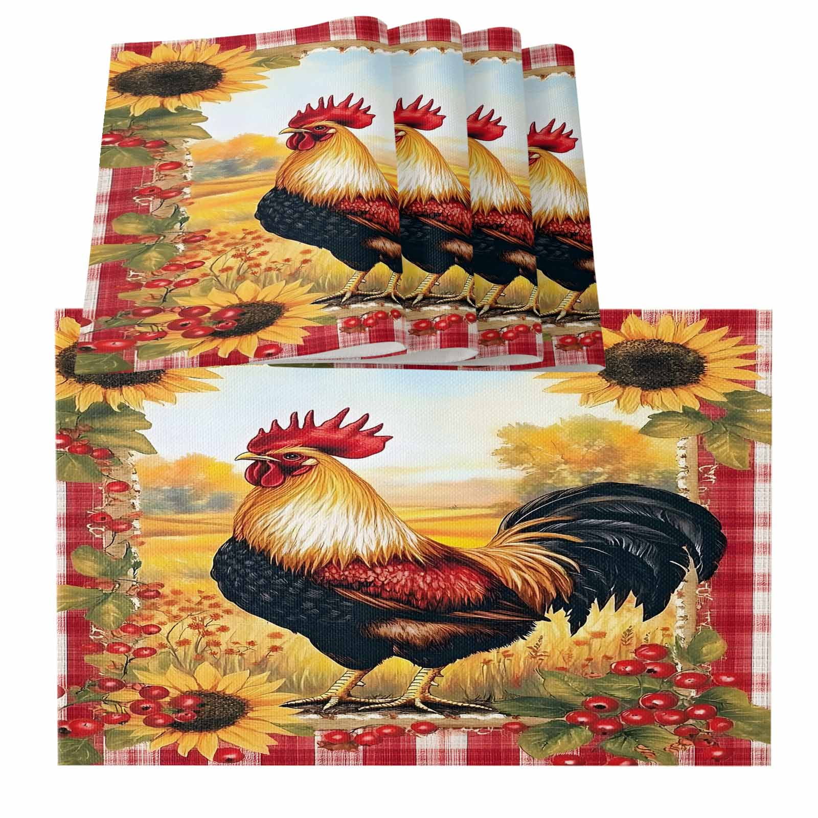 Retro Rooster Placemats for Dinning Table Set of 6, Yellow Sunflower ...