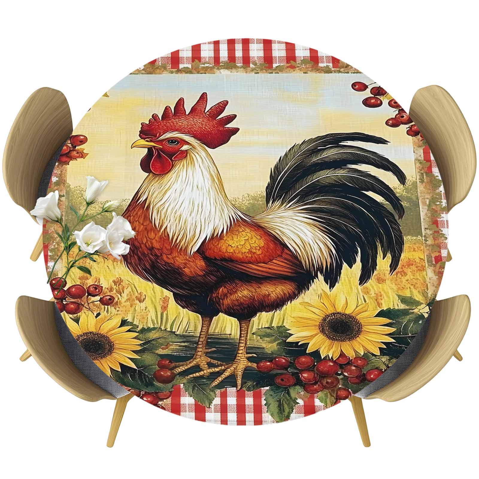 Retro Rooster Round Tablecloth 45-54 Inch Round Fitted Table Cloth with ...