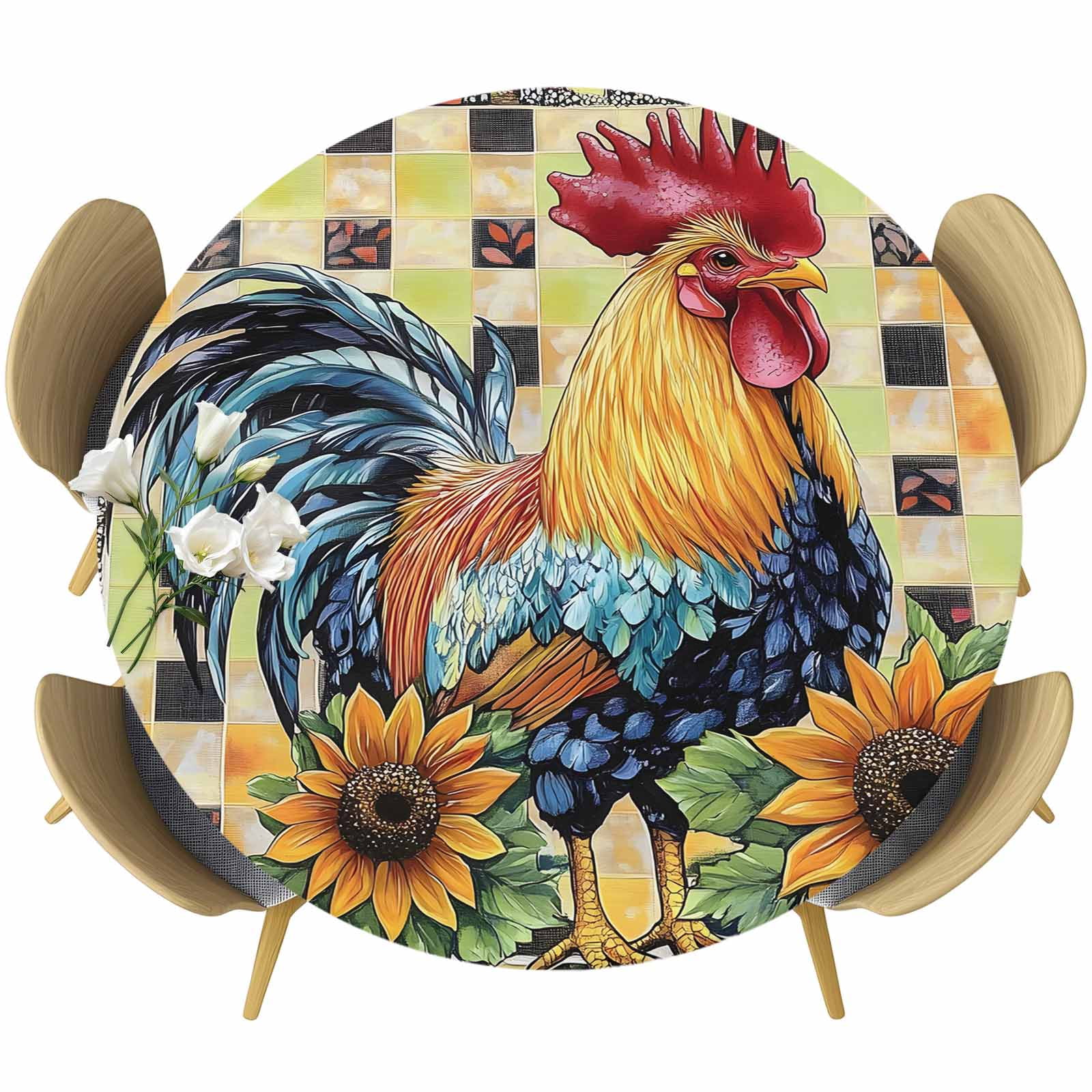 Retro Rooster Round Tablecloth 45-54 Inch Round Fitted Table Cloth with ...