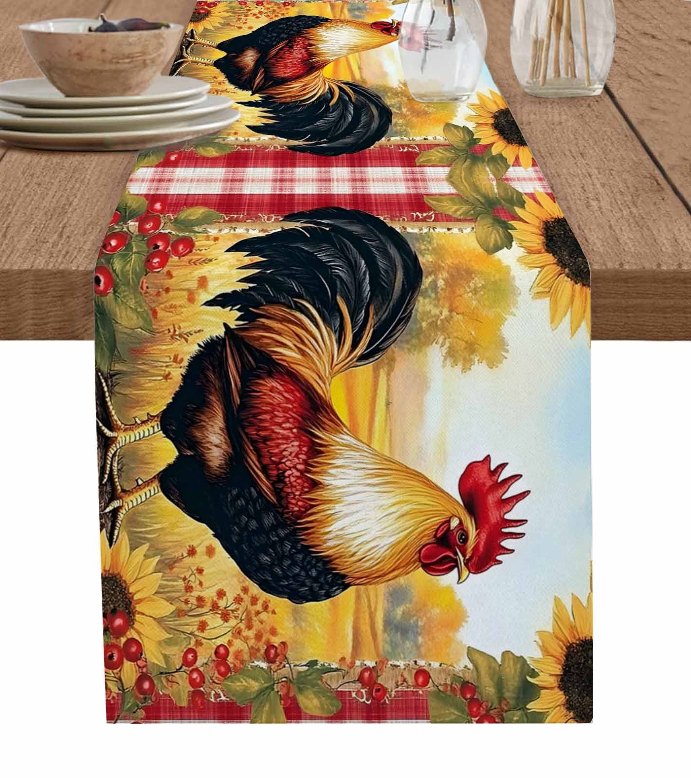 Retro Rooster Table Runner 108 Inches, Yellow Sunflower Red Plaid ...
