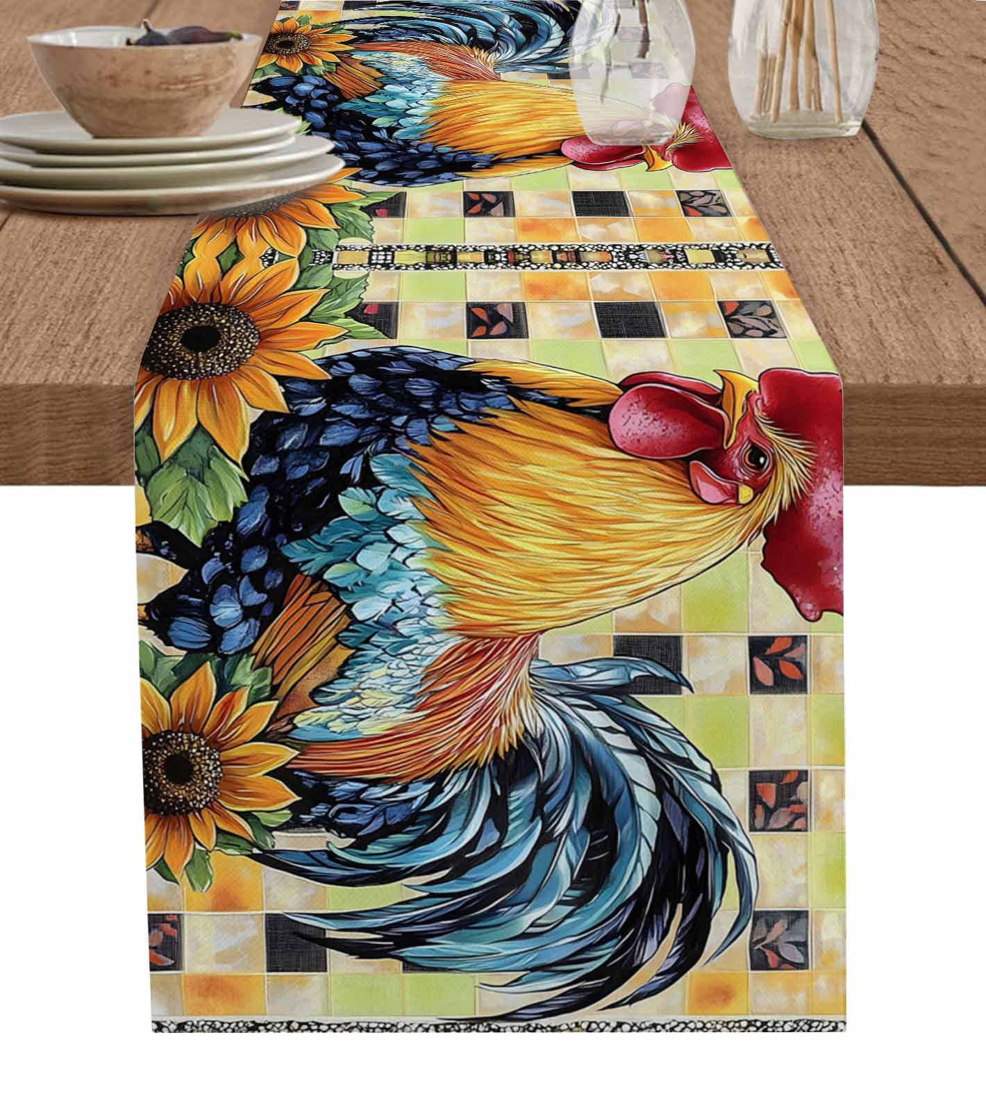 Retro Rooster Table Runner 120 Inches, Yellow Sunflower Watercolor ...