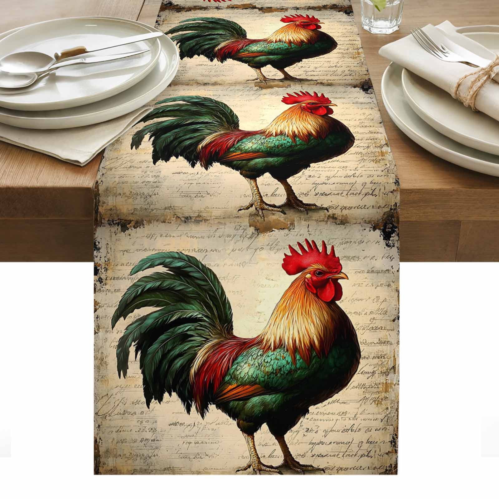 Retro Rooster Table Runner 13 x 90 Inch, Country Animal Newspaper ...