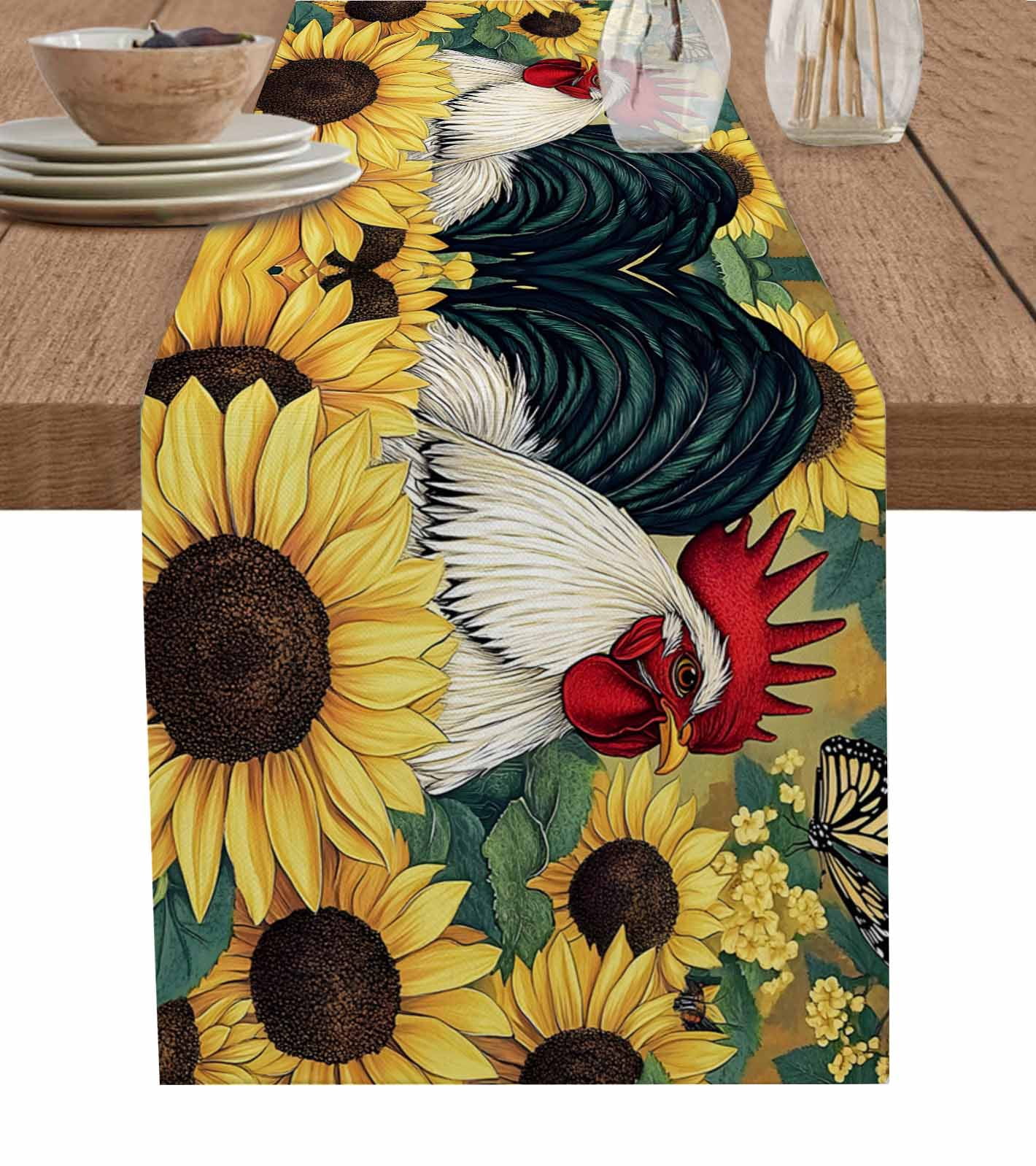 Retro Rooster Table Runner 36 Inches, Sunflower Farmhouse Animals ...