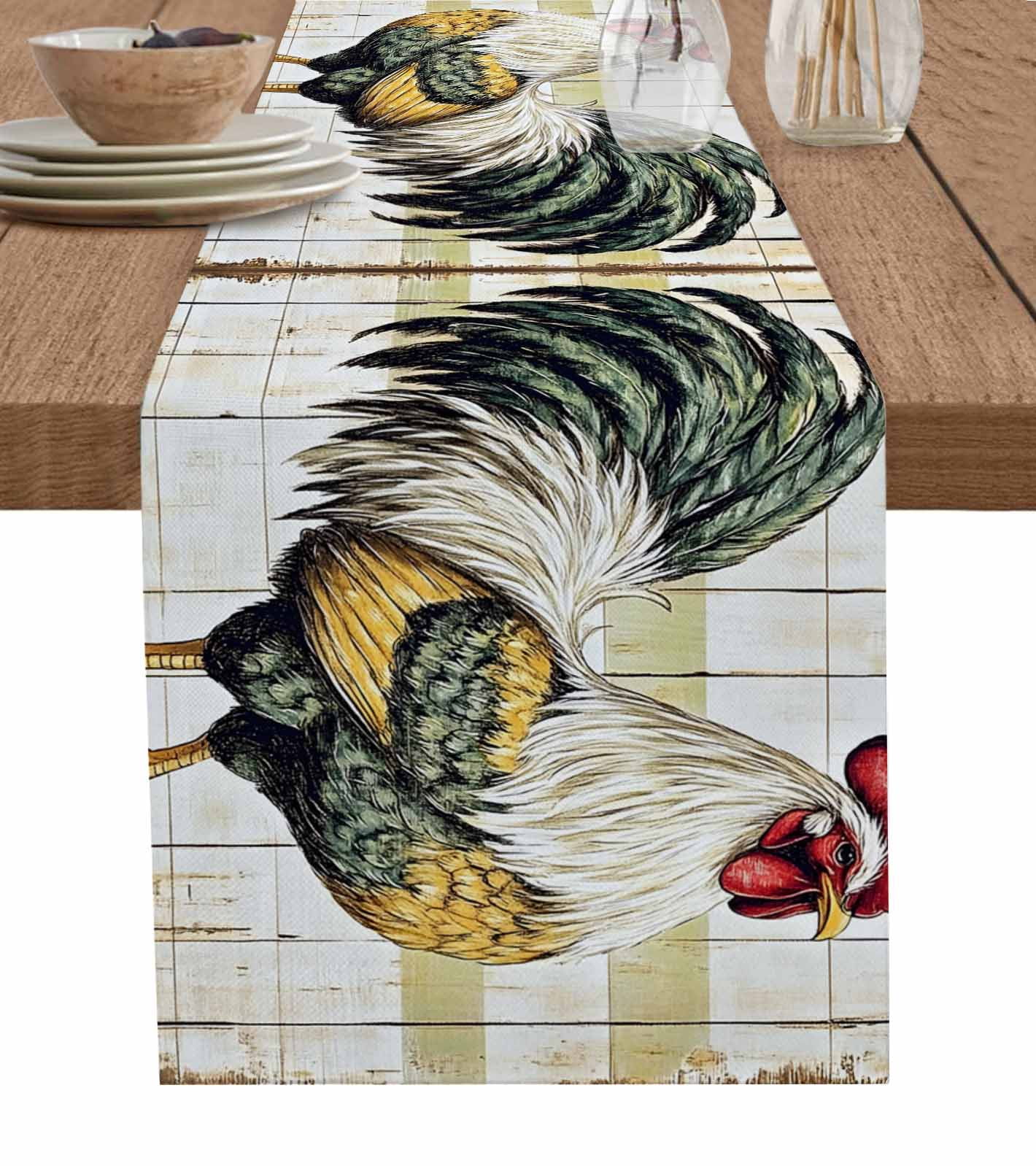 Retro Rooster Table Runner 70 Inches, Farmhouse Animals Wooden Bed ...