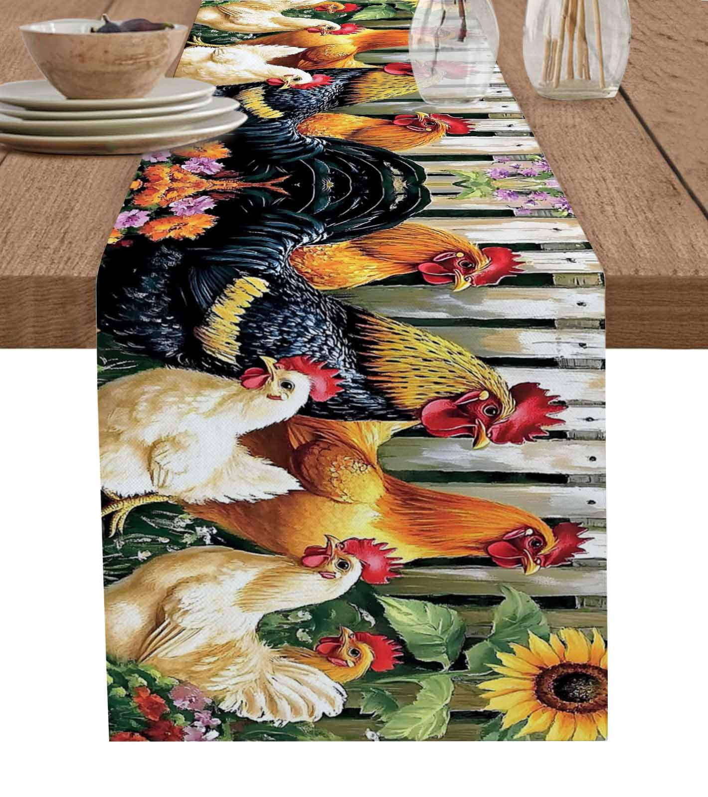 Retro Rooster Table Runner 72 Inches, Farmhouse Watercolor Animals ...