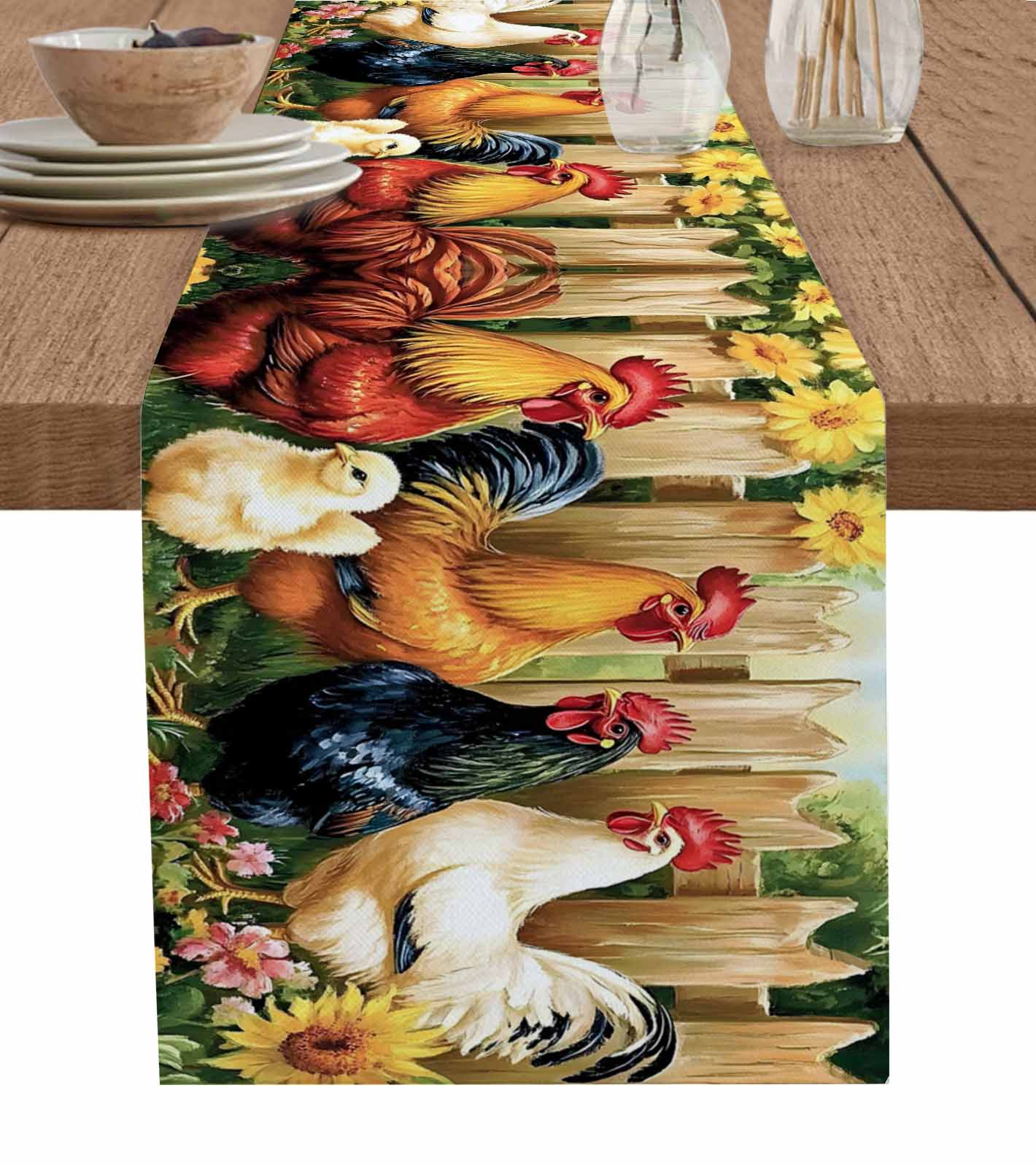 Retro Rooster Table Runner 72 Inches, Farmhouse Watercolor Animals ...