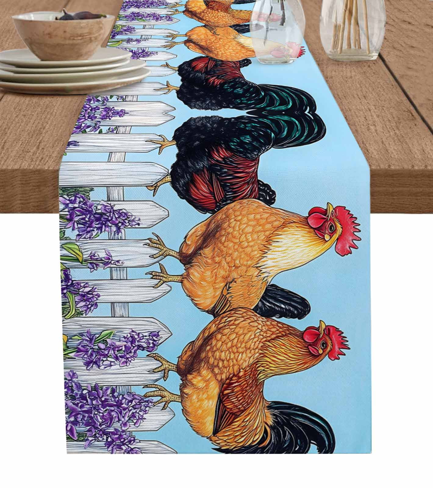 Retro Rooster Table Runner 72 Inches, Spring Floral Farmhouse Animals ...