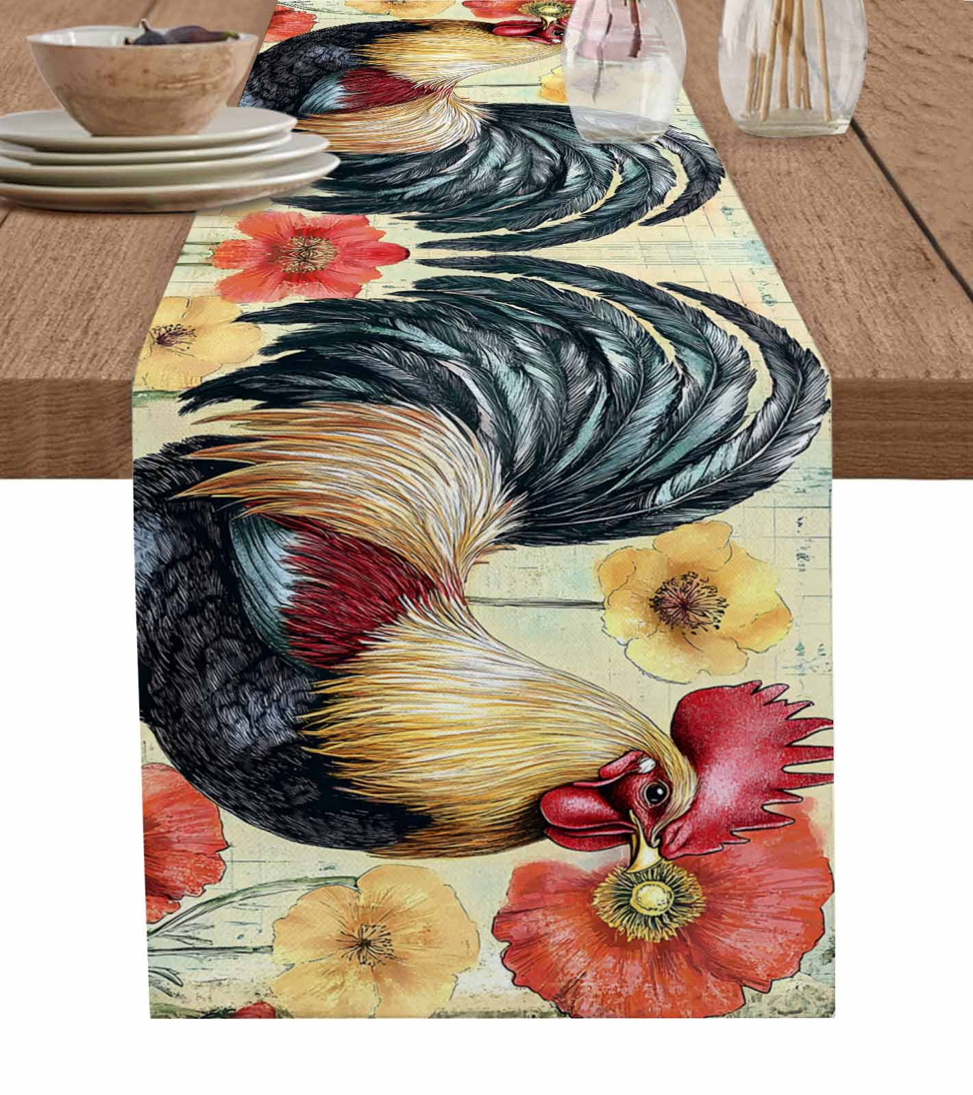Retro Rooster Table Runner 72 Inches, Spring Floral Watercolor ...