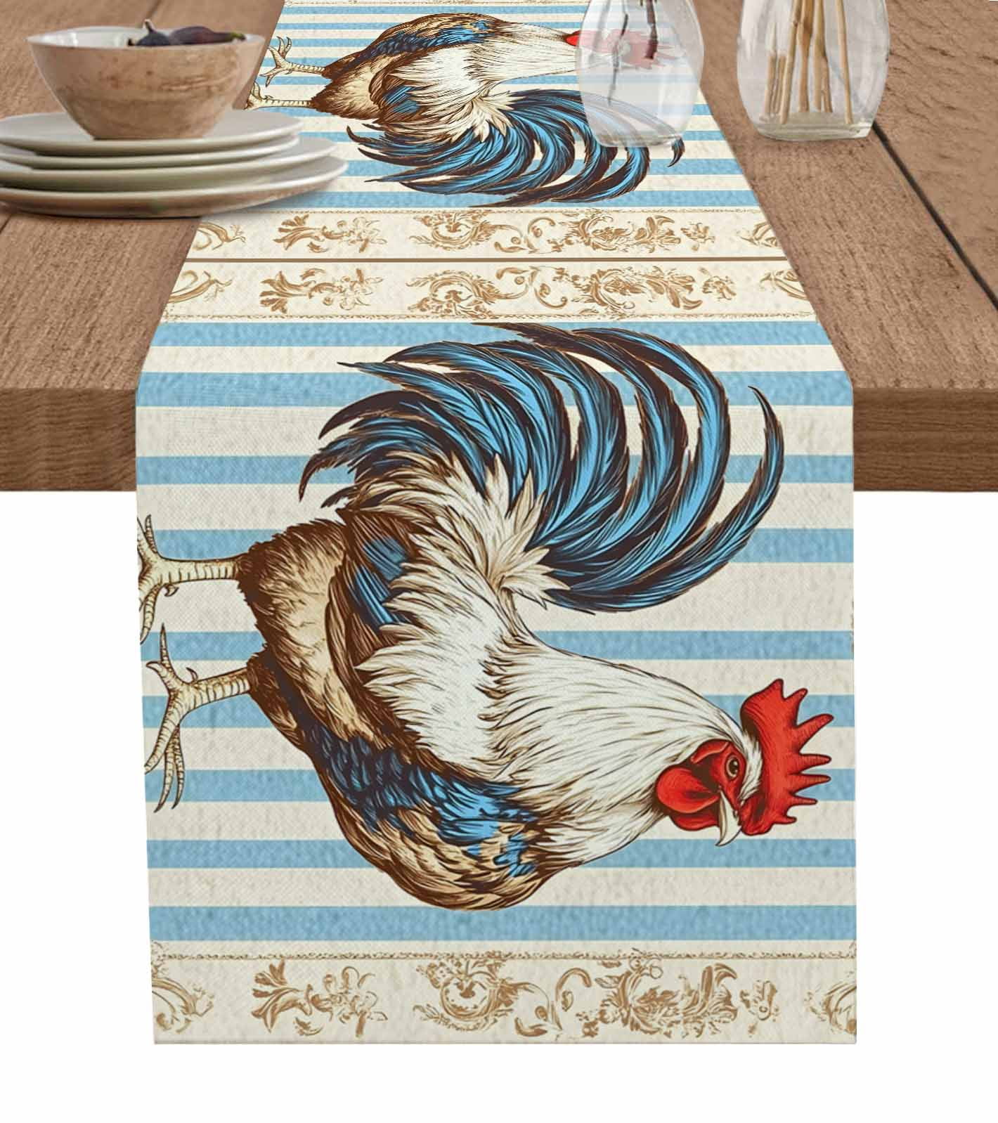 Retro Rooster Table Runner 72 Inches, Striped Farmhouse Animals ...