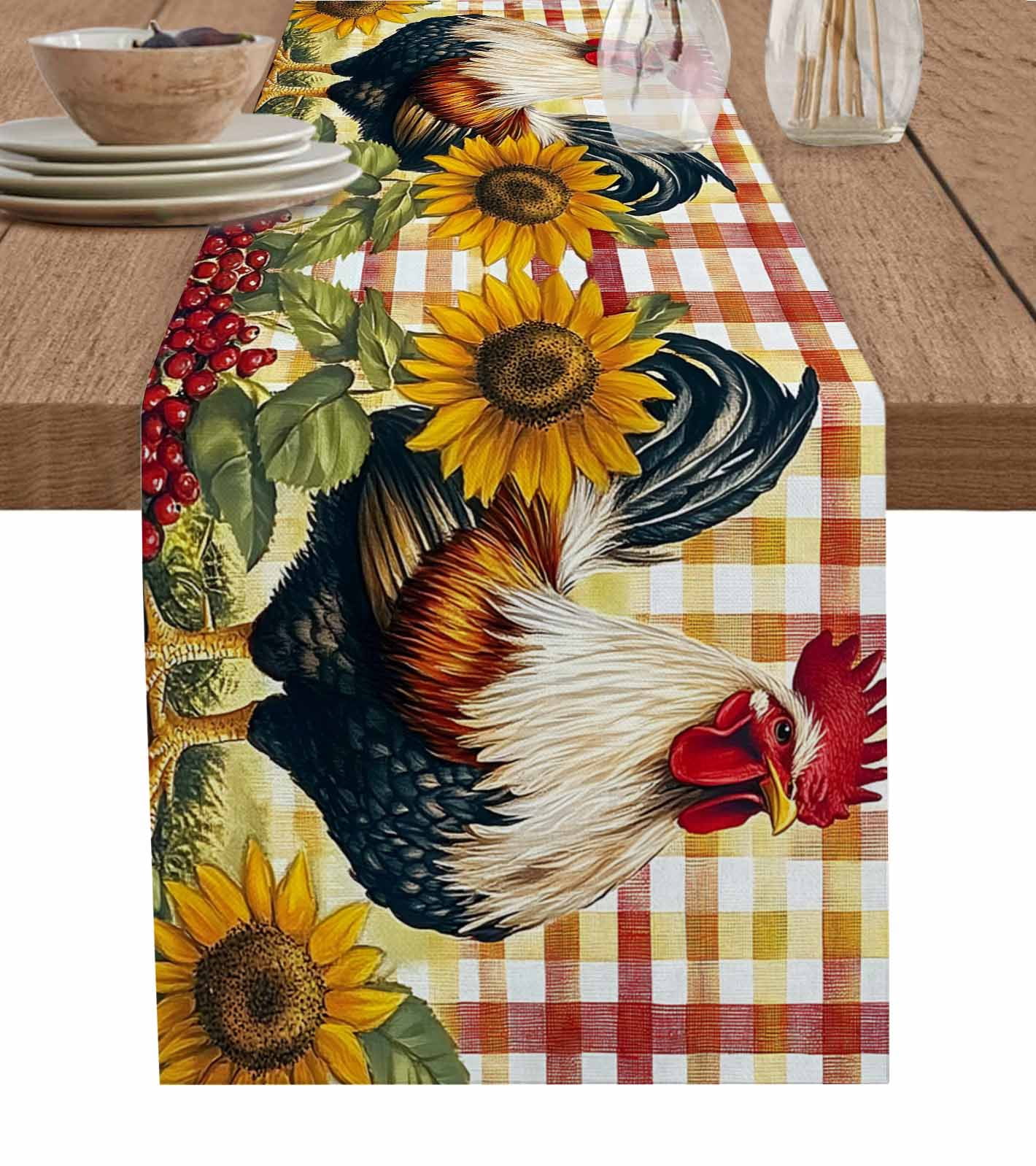 Retro Rooster Table Runner 72 Inches, Sunflower Plaid Pastoral Animals ...