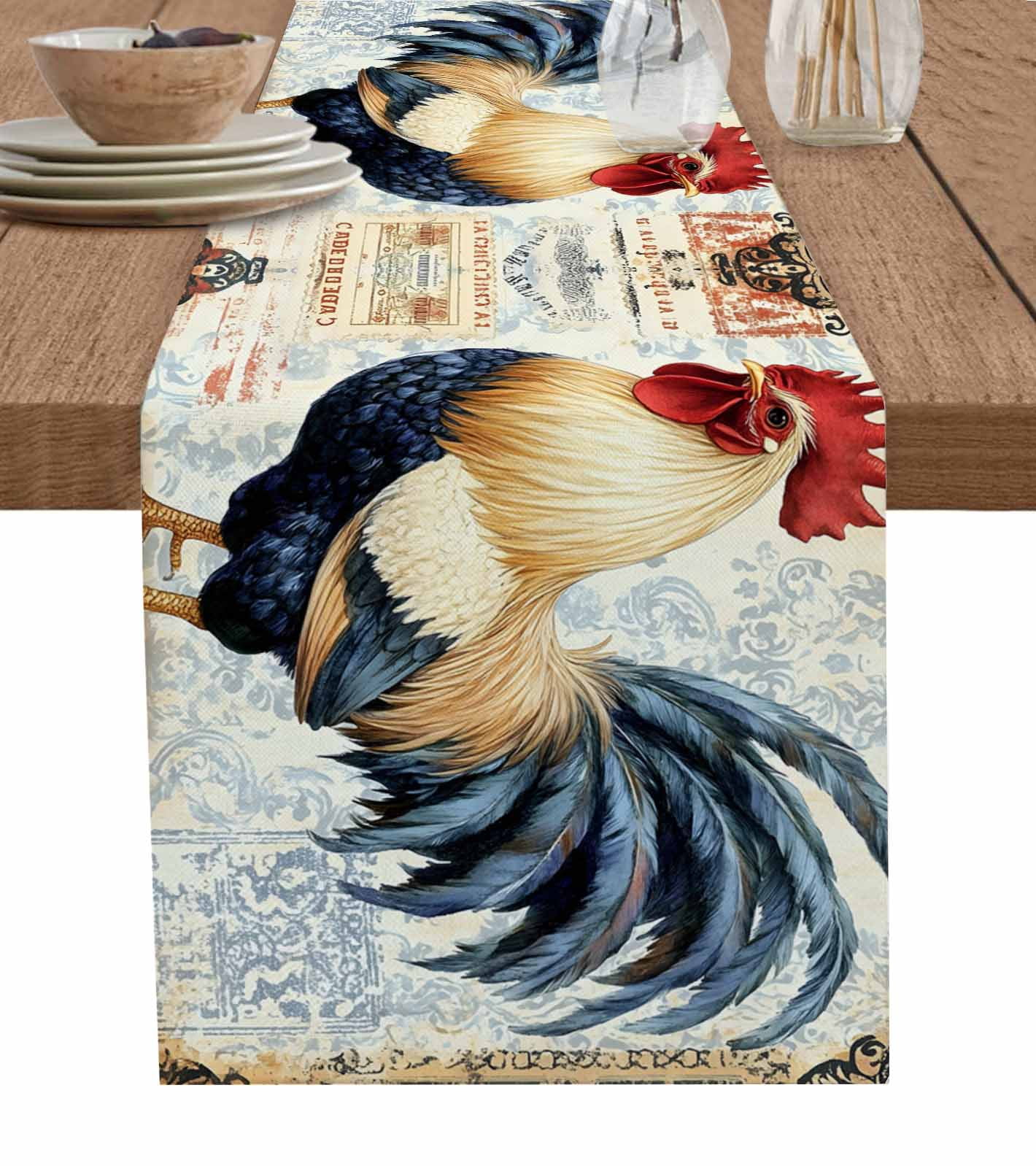 Retro Rooster Table Runner 72 Inches, Watercolor Pastoral Animals ...