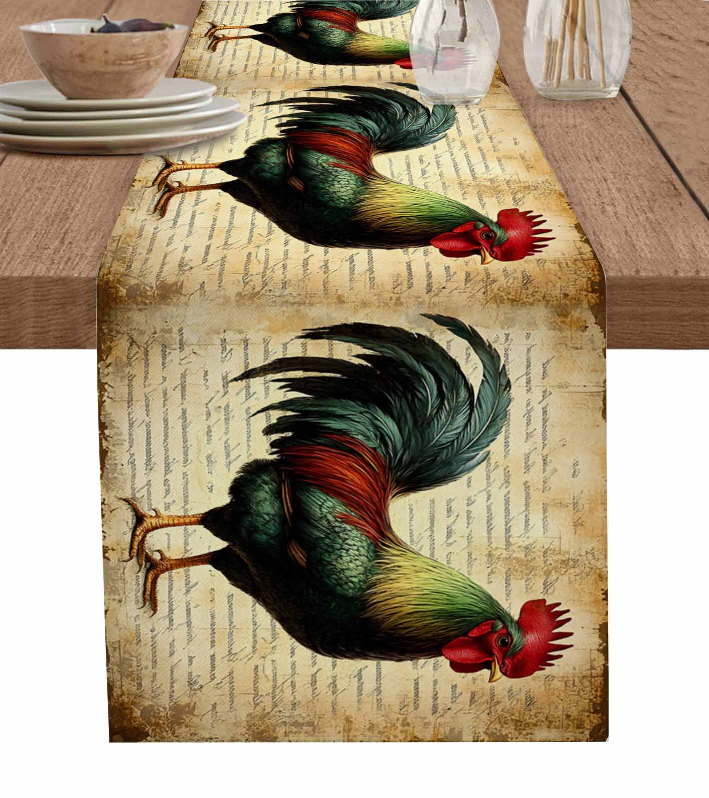 Retro Rooster Table Runner Cotton Linen 48 Inch Holiday Dresser Scarves ...